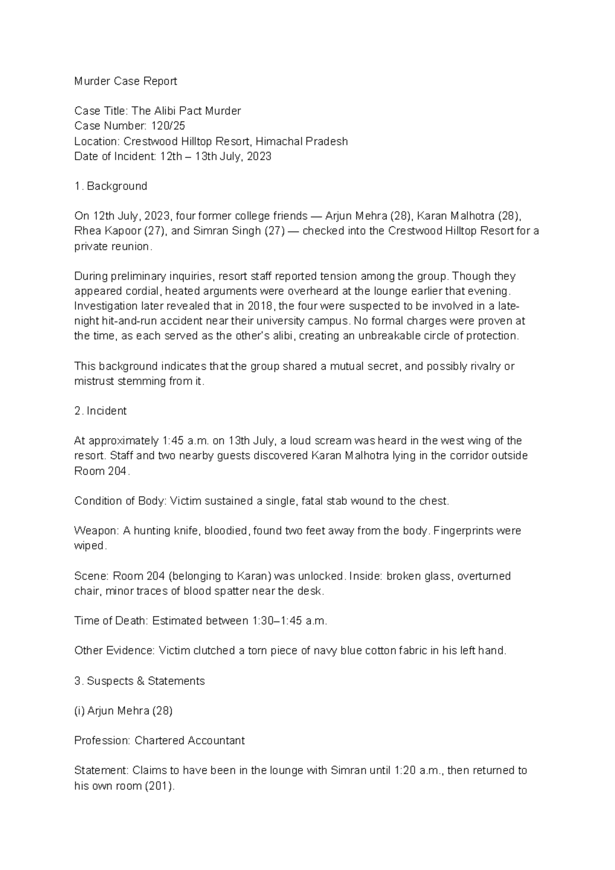 Murder Case Report: The Alibi Pact - Case 003 Analysis - Studocu