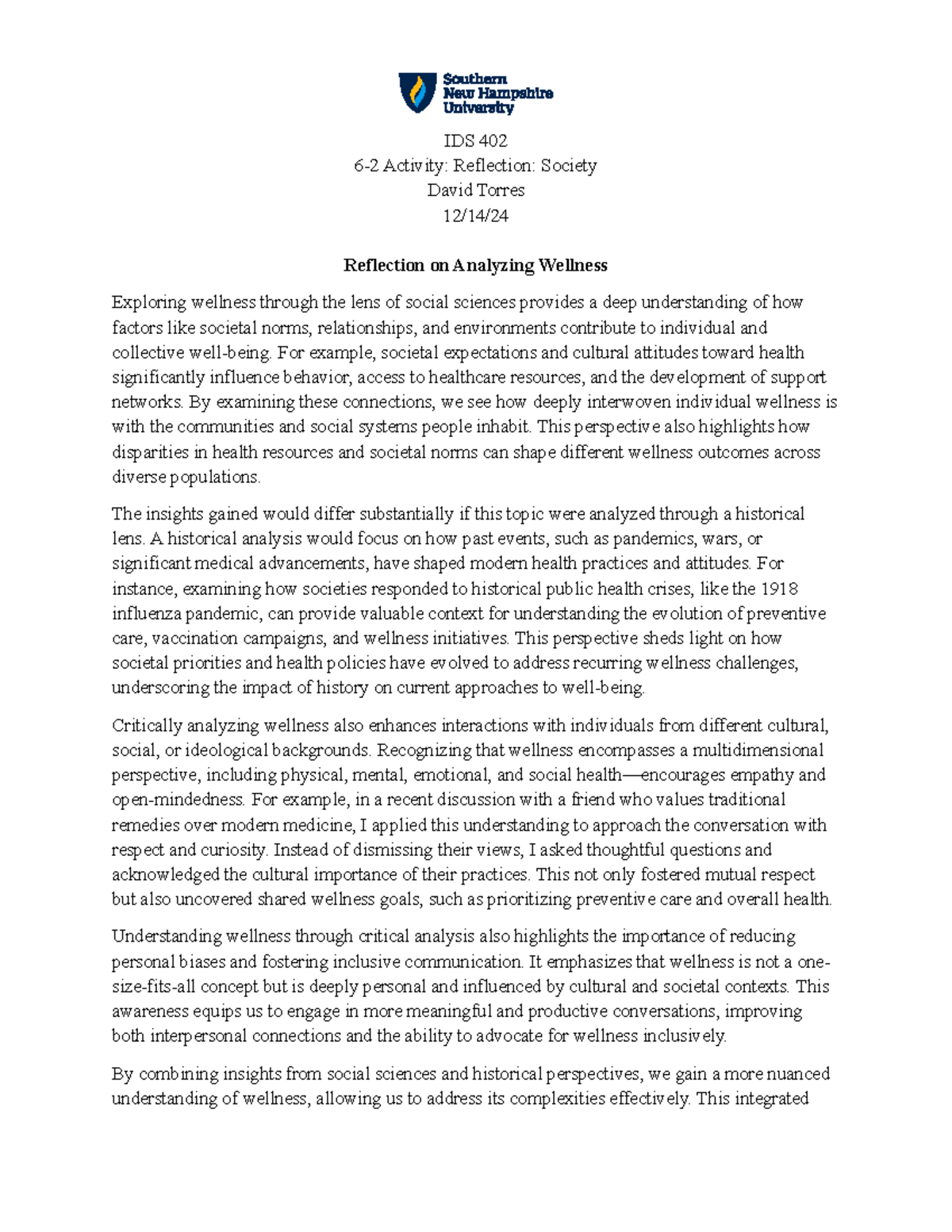 IDS 402: Reflection on Analyzing Wellness in Society - Studocu