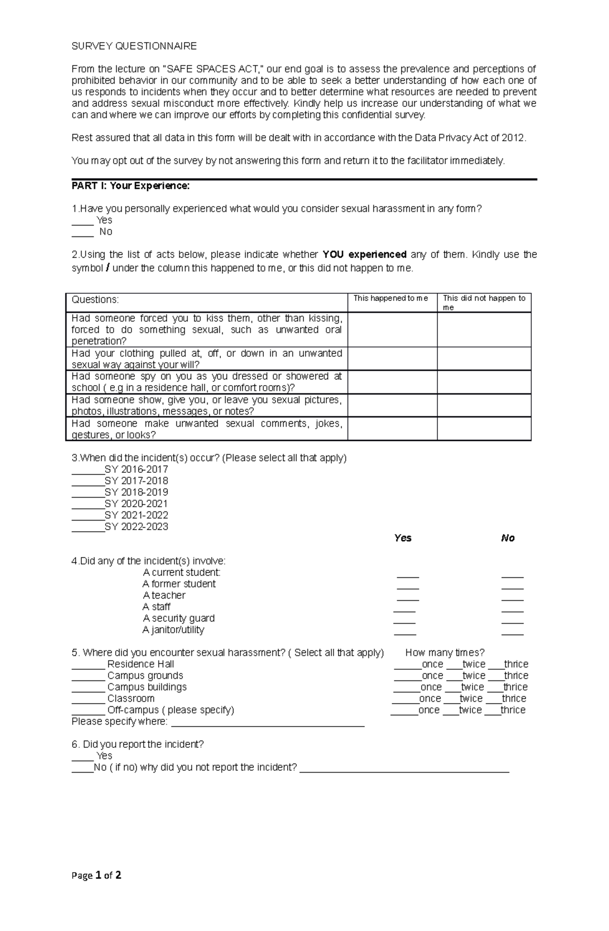 Safe Spaces Act Survey Questionnaire on Sexual Misconduct Awareness ...