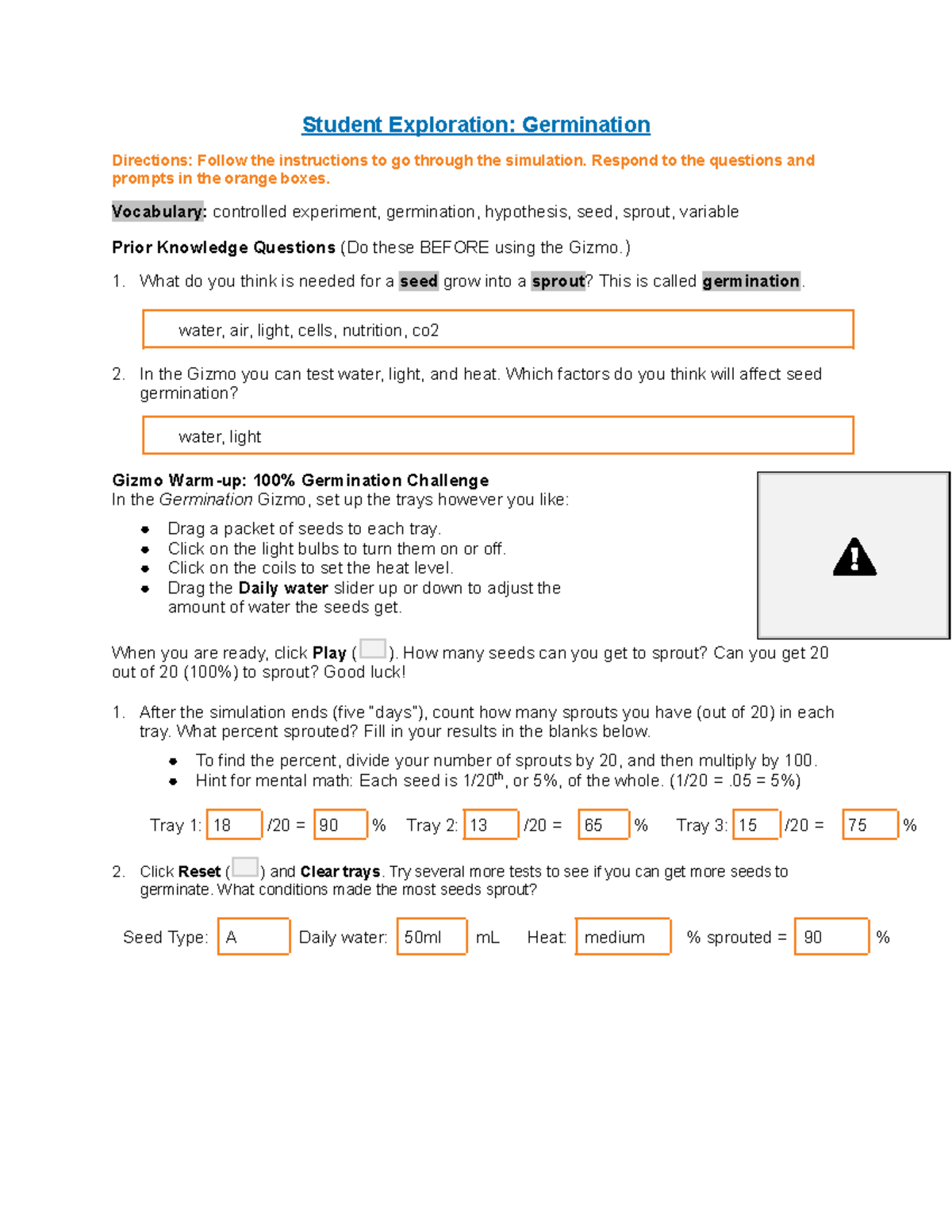 Exploring Seed Germination: Gizmo Simulation Activity Guide - Studocu
