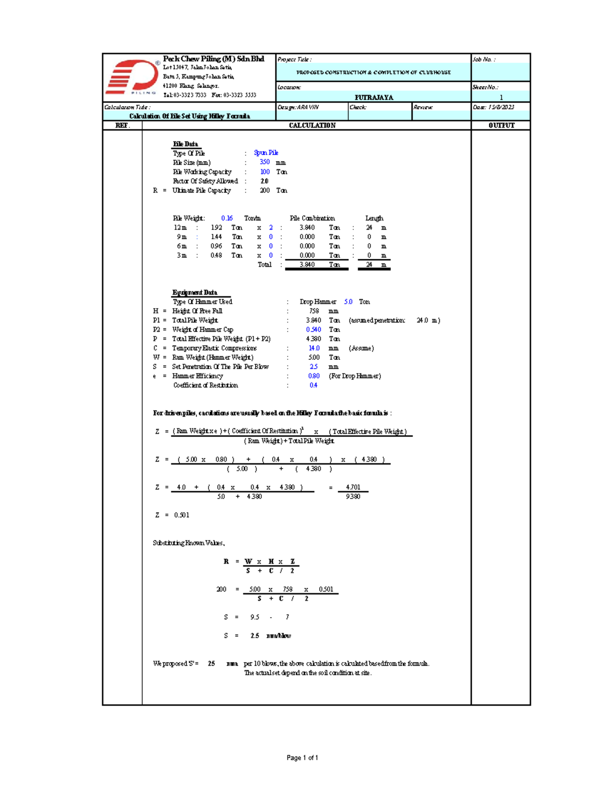 Calculation of Pile Set Using Hilley Formula ASSB - Studocu