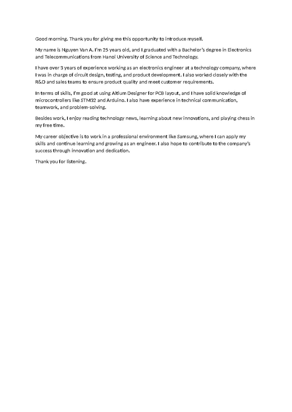 U7 Speak - Self-Introduction and Career Objectives - Studocu