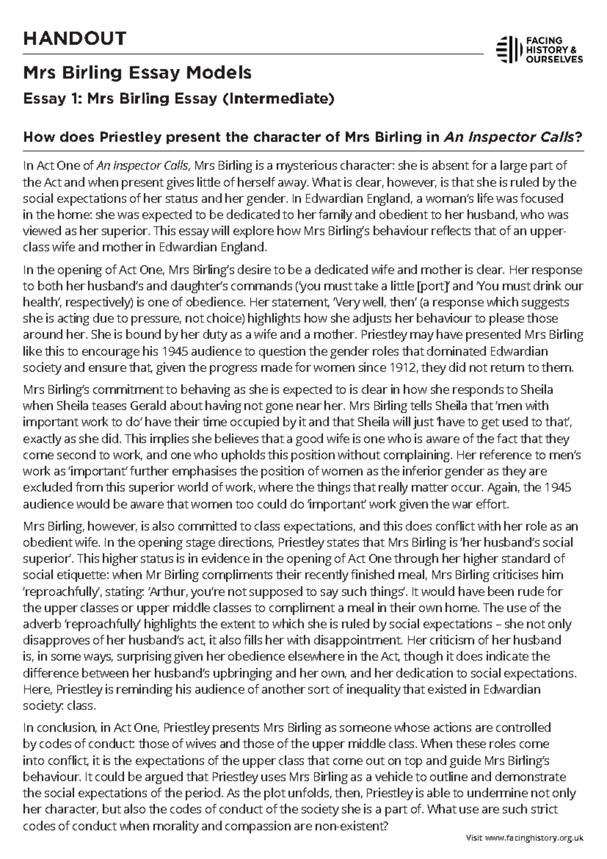 Mrs Birling Essay Models: Insights on Gender & Class in An Inspector ...