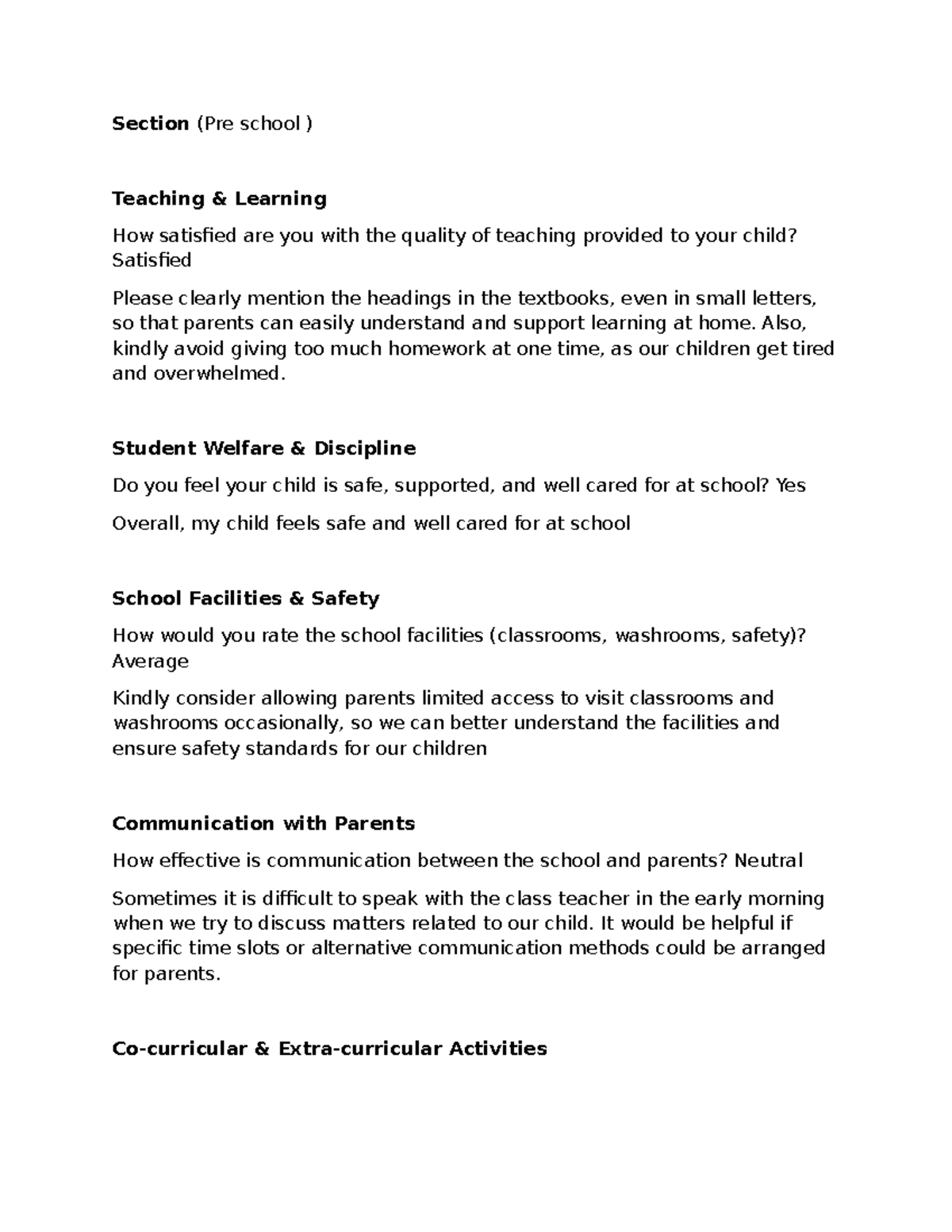 Pre School Feedback Survey: Teaching Quality & Parent Communication ...