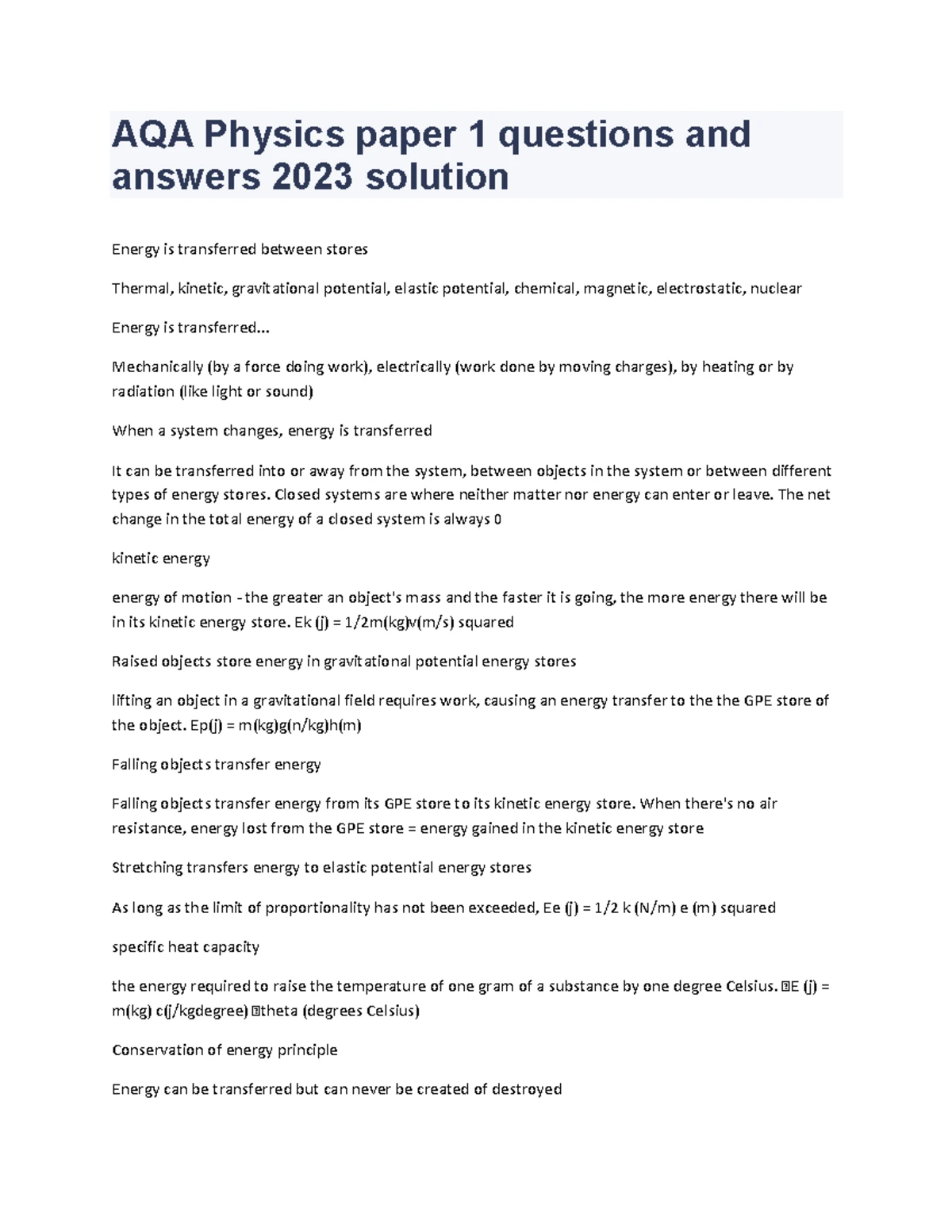 AQA Physics Paper 1 Questions & Answers 2023: Detailed Solutions - Studocu