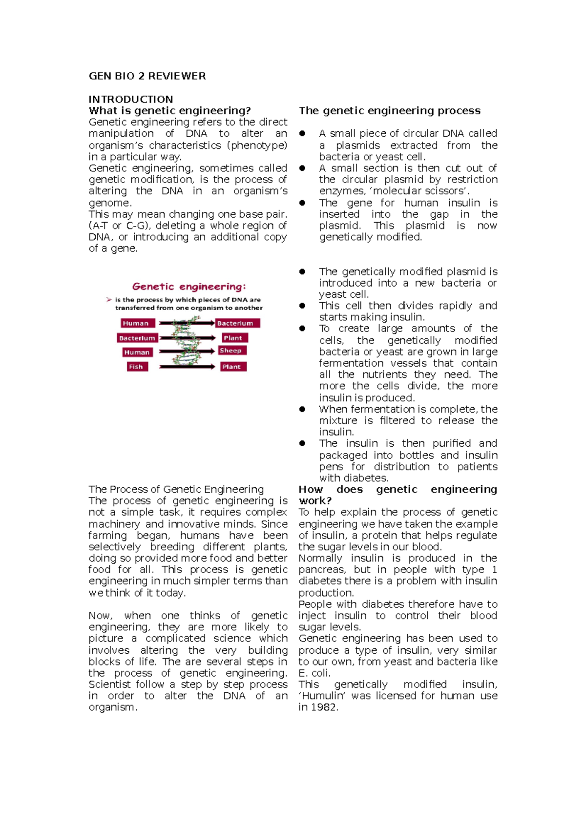GEN BIO 2 Reviewer - gen bio 2 - GEN BIO 2 REVIEWER INTRODUCTION What is genetic engineering ...