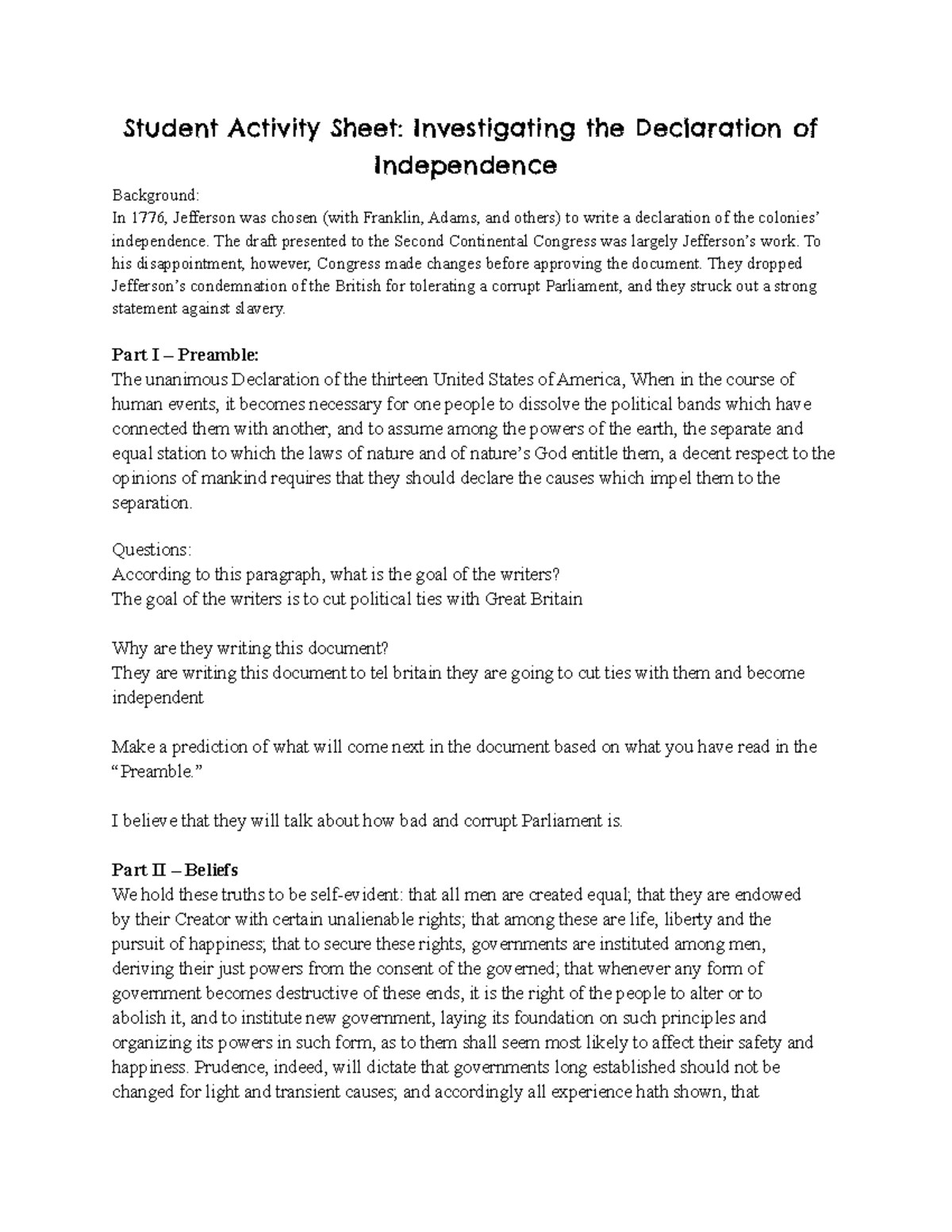 Activity Sheet: Exploring the Declaration of Independence (US Hx) - Studocu