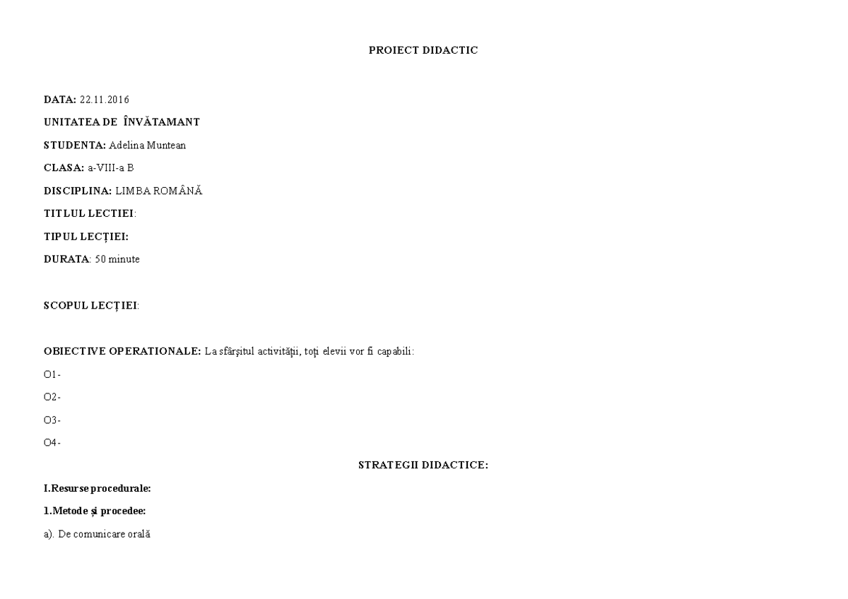Model de proiect didactic (necompletat) - PROIECT DIDACTIC DATA: 22.11 ...