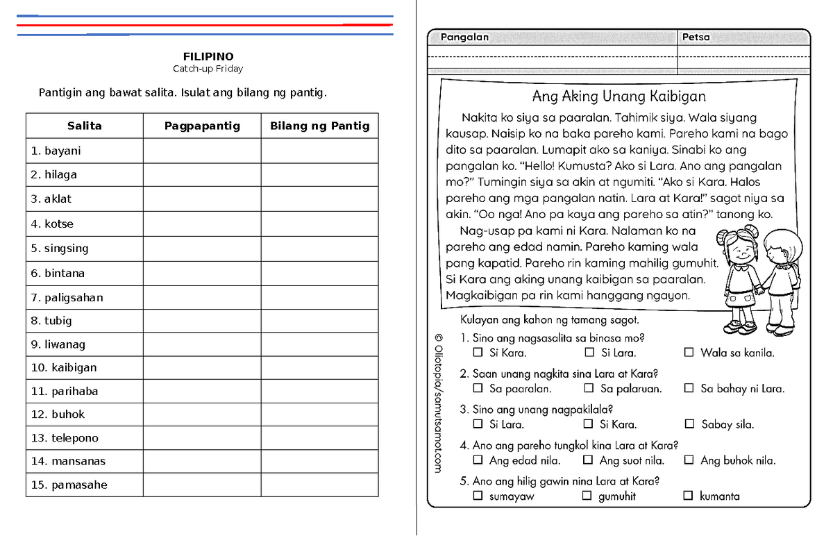 FILIPINO & ENGLISH Catch-up Worksheets for Review Activities - Studocu