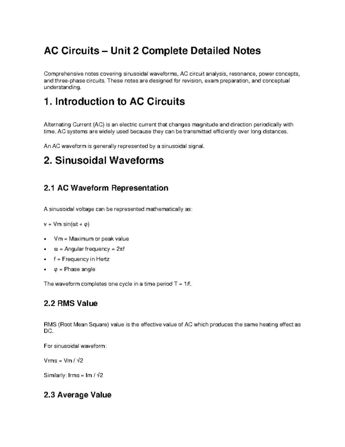 AC Circuits Unit 2: Comprehensive Notes on Waveforms & Analysis - Studocu