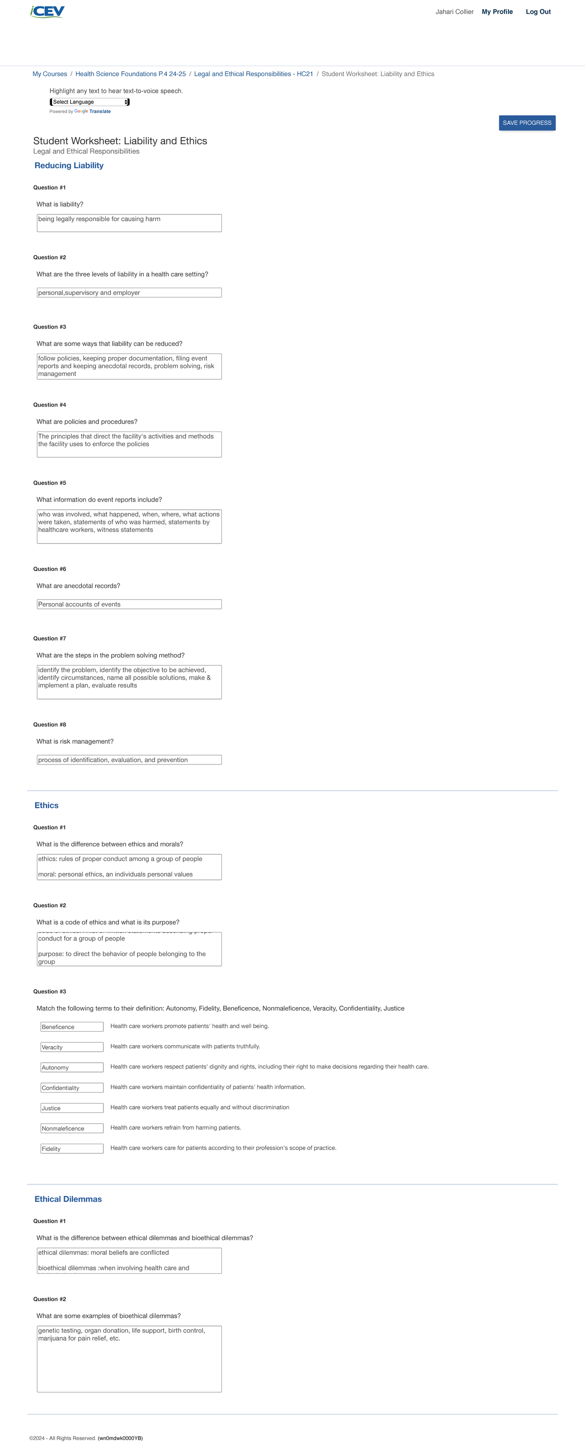 Student Worksheet: Legal & Ethical Responsibilities in Health Science ...