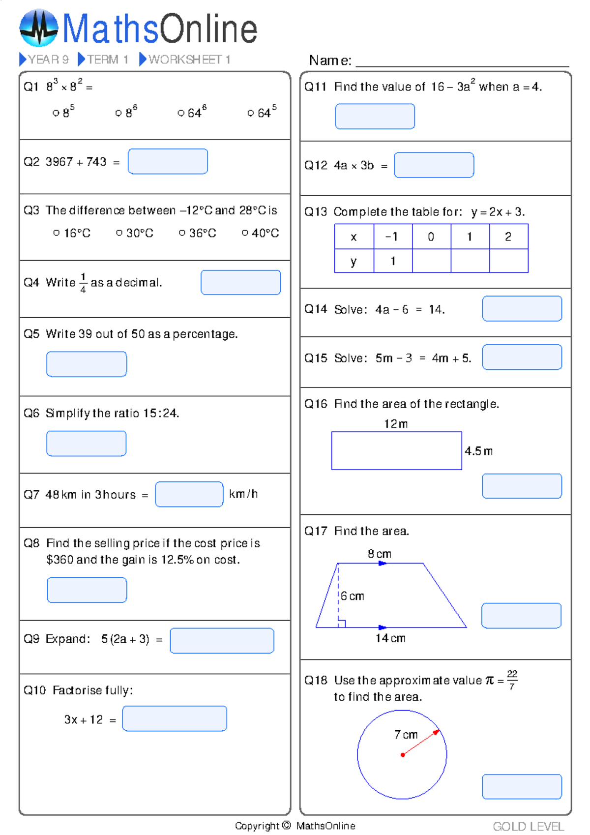 MathsOnline YEAR 9 TERM 1 Worksheet 1 Practice Material - Studocu