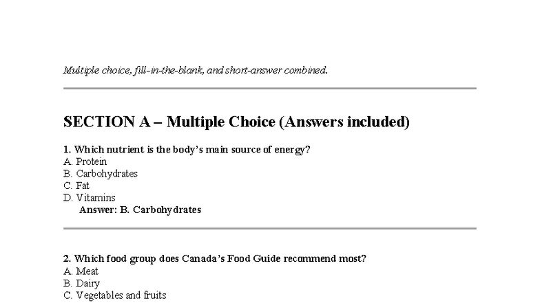 Nutrition Quiz A- Notes 6: Multiple Choice & Fill in the Blanks - Studocu
