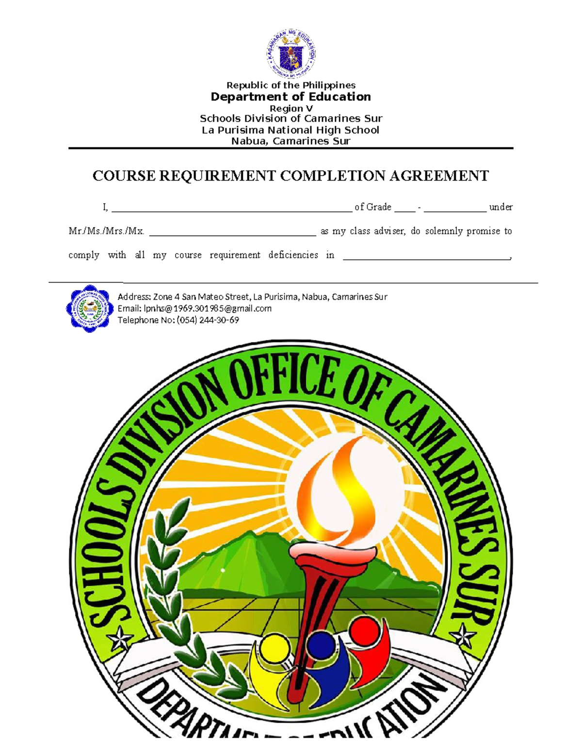 Agreement Form - Sample Document - Department of Education Region V ...