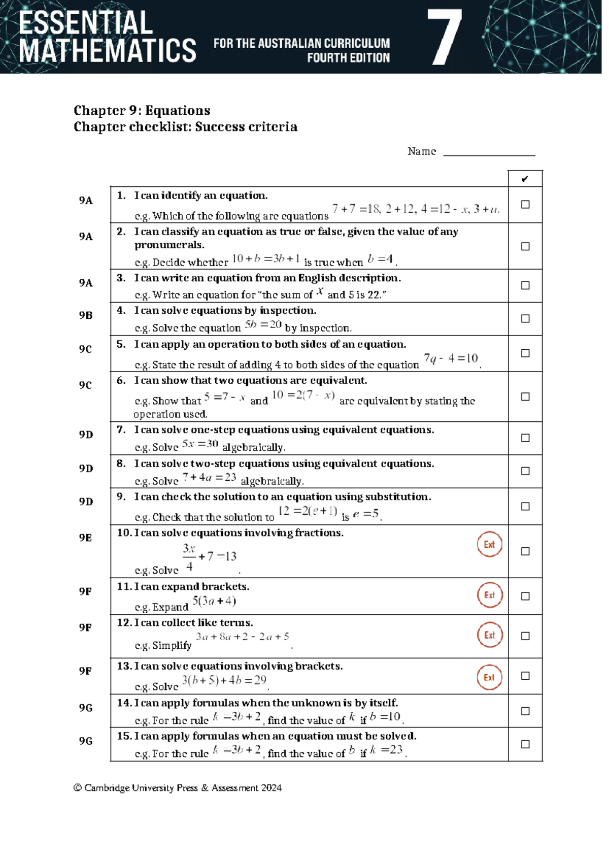 INTERN AL Chapter 9: Equations Checklist for Success Criteria - Studocu