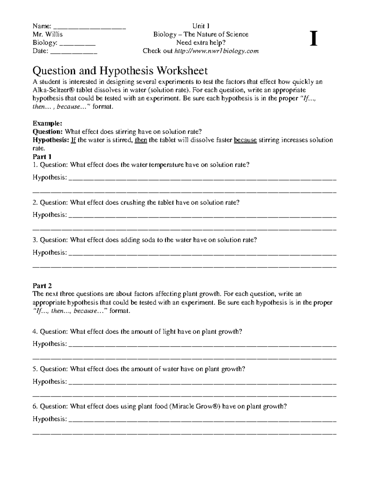 Biology Unit I: Hypothesis Worksheet for Experiments and Designs - Studocu