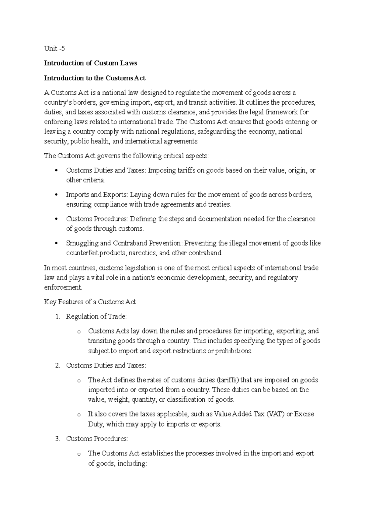 Unit 5: Law of Taxation - Customs Act Overview and Key Provisions - Studocu