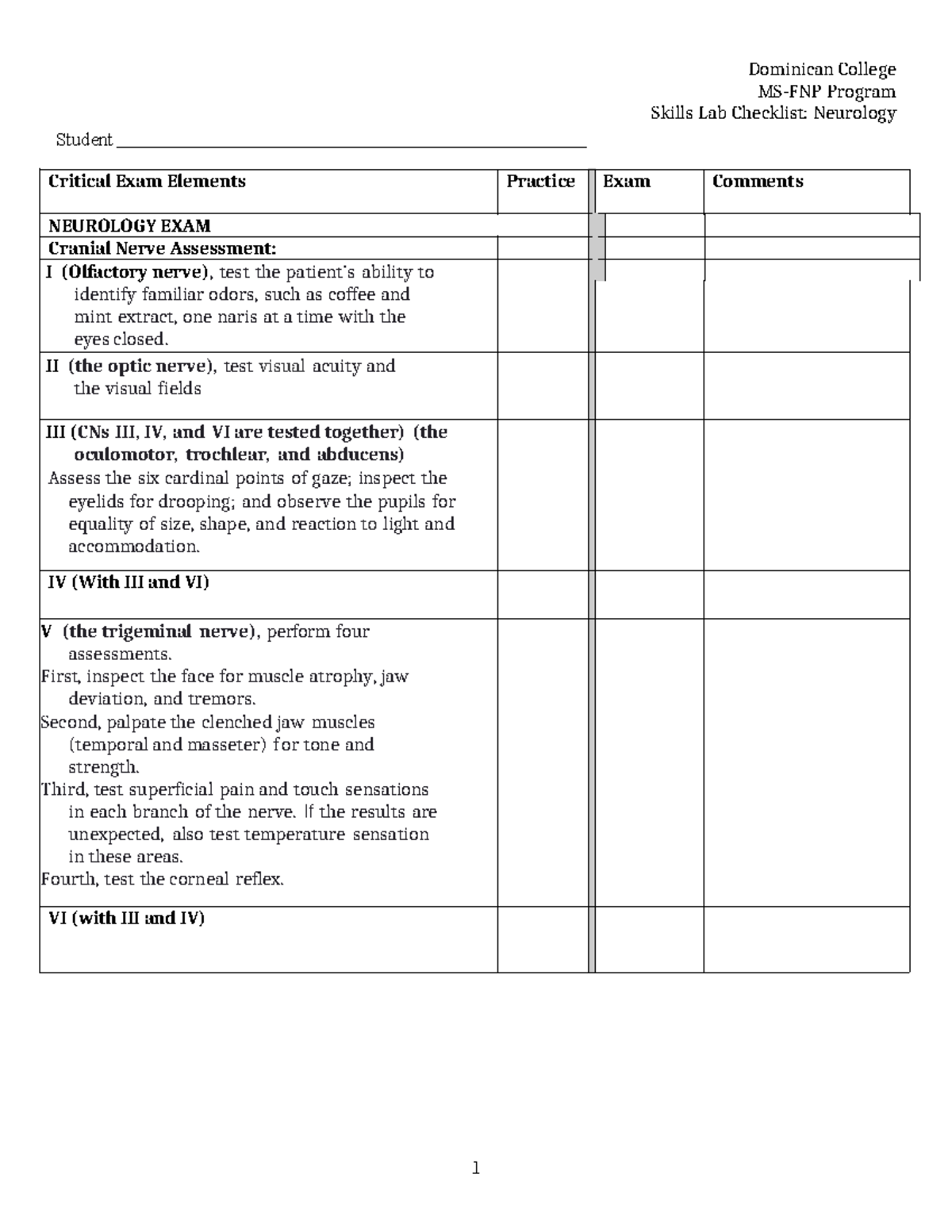 Neurologic Assessment Checklist for Instructors - MS-FNP Program Skills ...