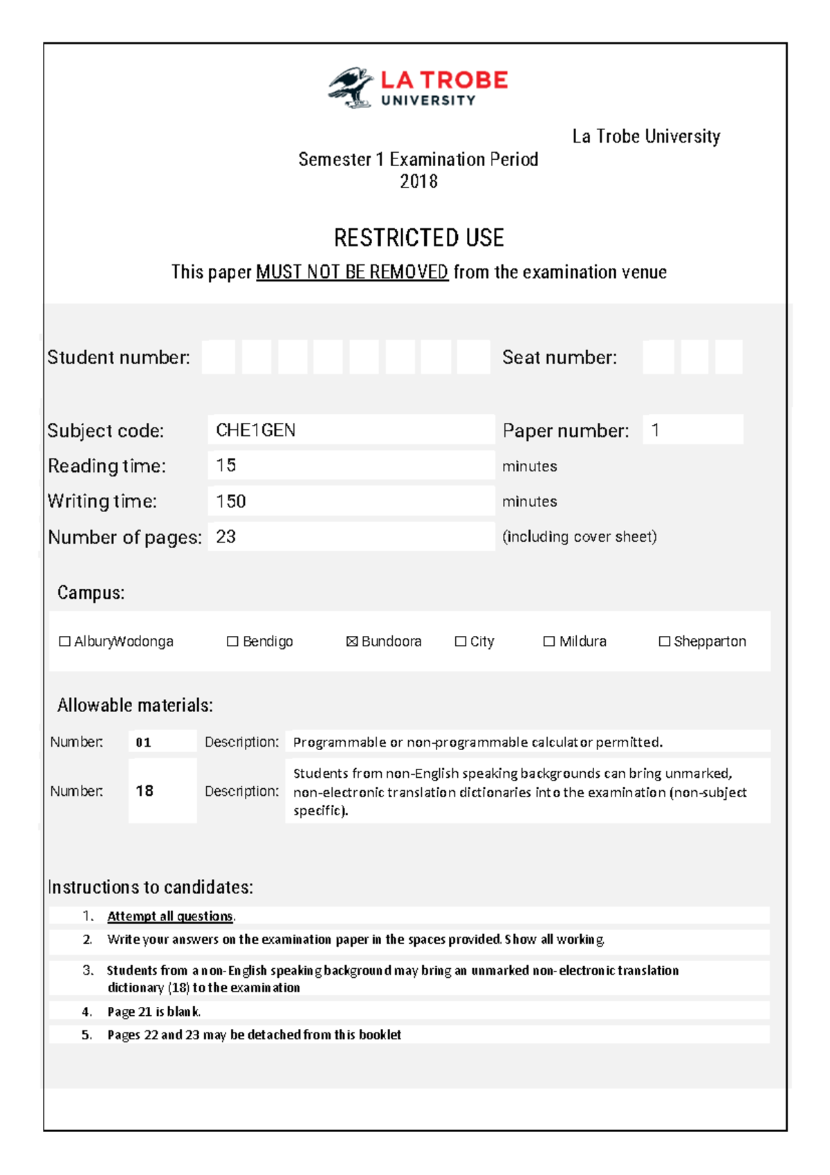 CHE1GEN Final Exam Semester 1 2018 - Studocu