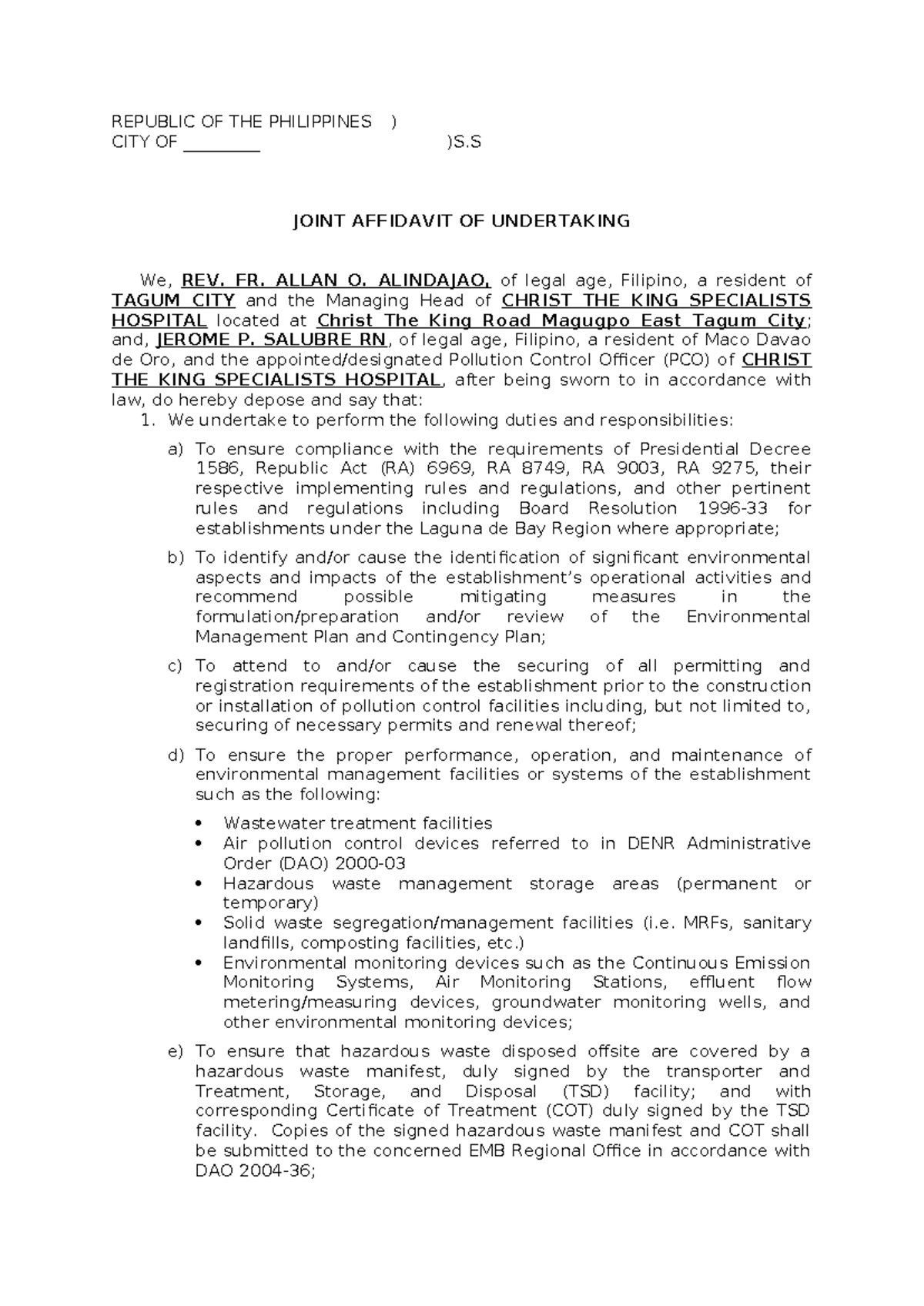 Joint Affidavit of Undertaking for Environmental Compliance - Studocu