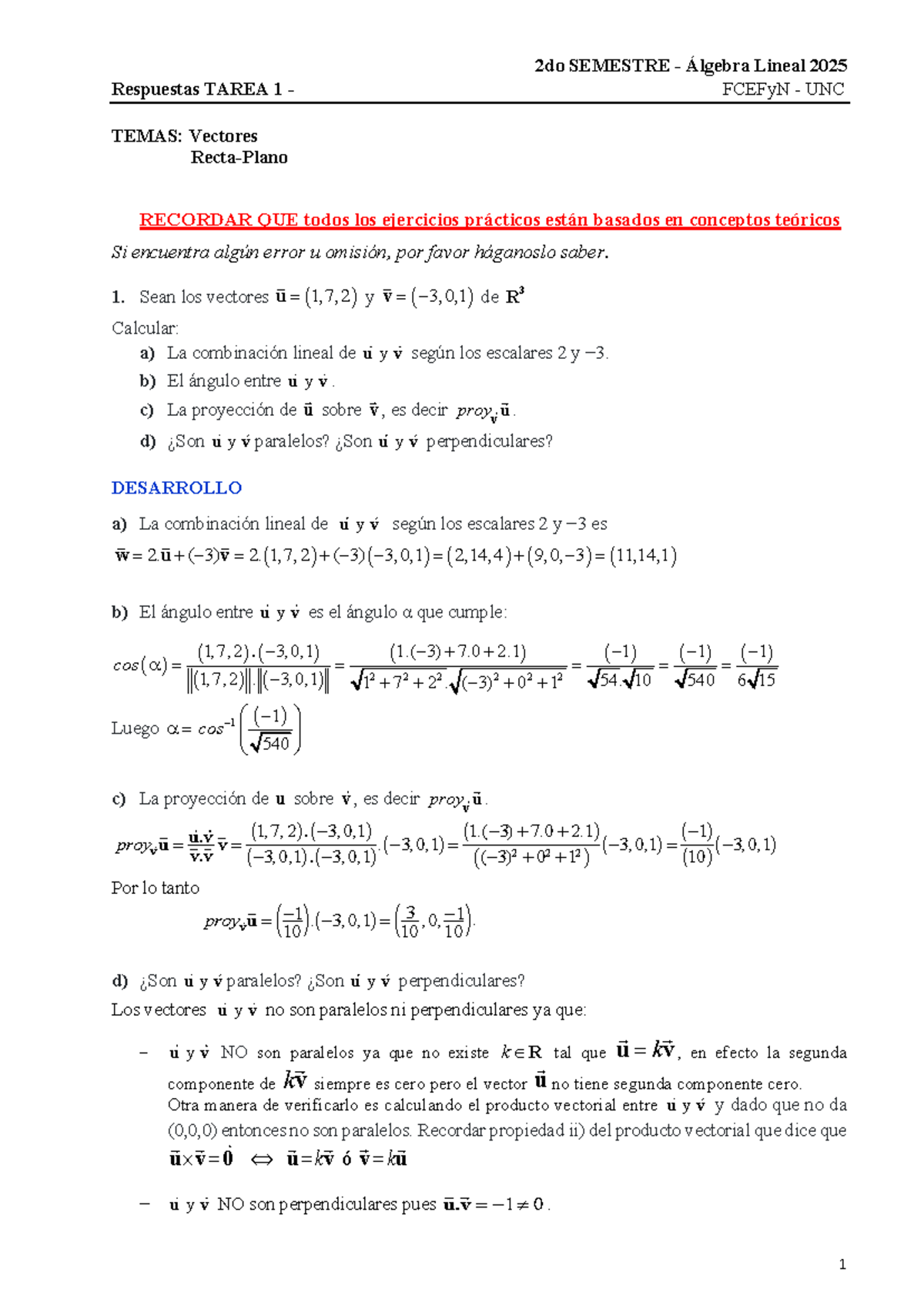 Respuestas TAREA 1 Álgebra Lineal 2do SEM 2025 FCEFyN UNC - Studocu