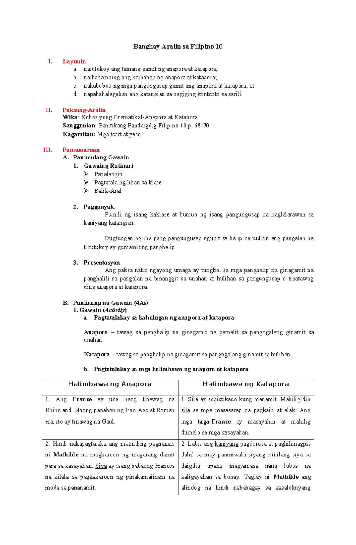 Banghay Aralin sa Filipino 10: Anapora at Katapora (CO1) - Studocu