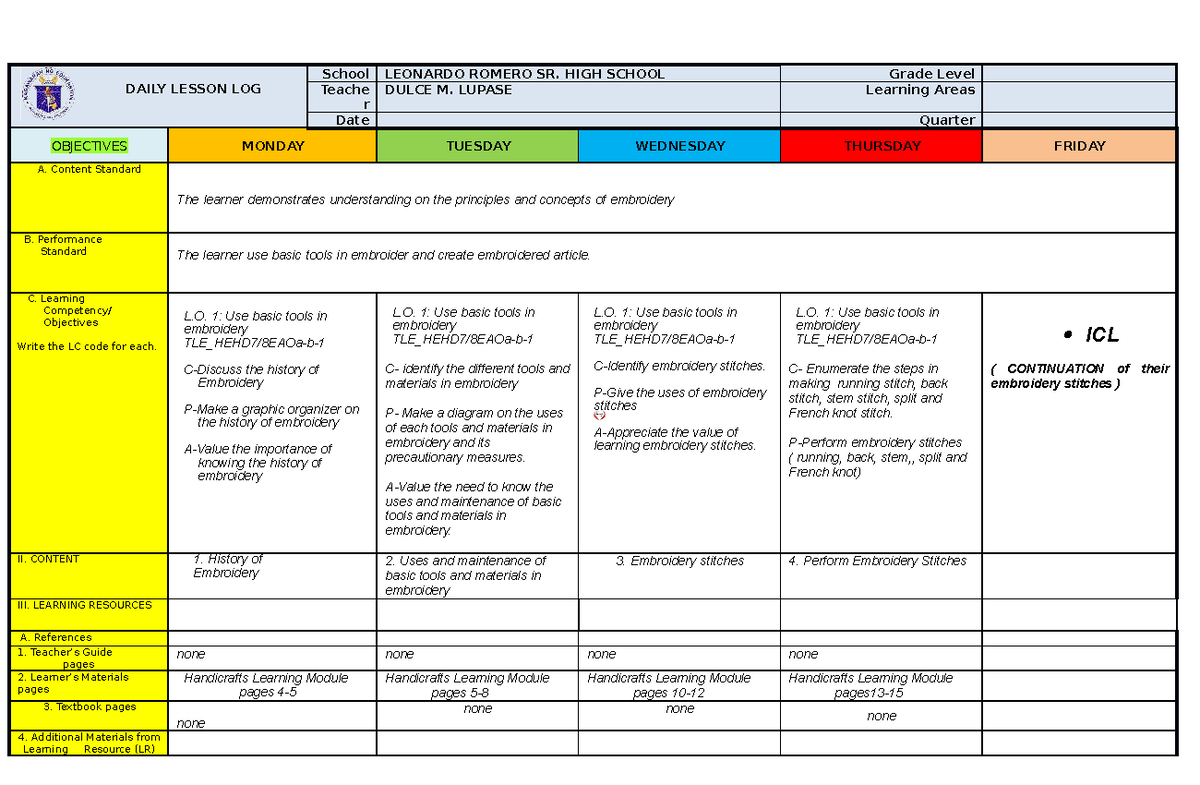 DLL 1 Week Lesson Plan: Exploring Embroidery Techniques - Studocu