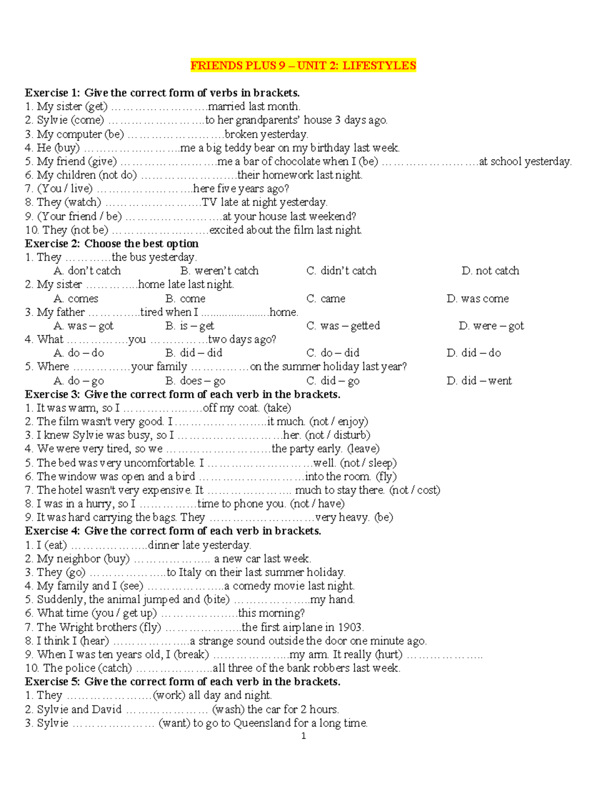 FP 9 - UNIT 2 - Exercises - ĐỀ - FRIENDS PLUS 9 – UNIT 2: LIFESTYLES ...