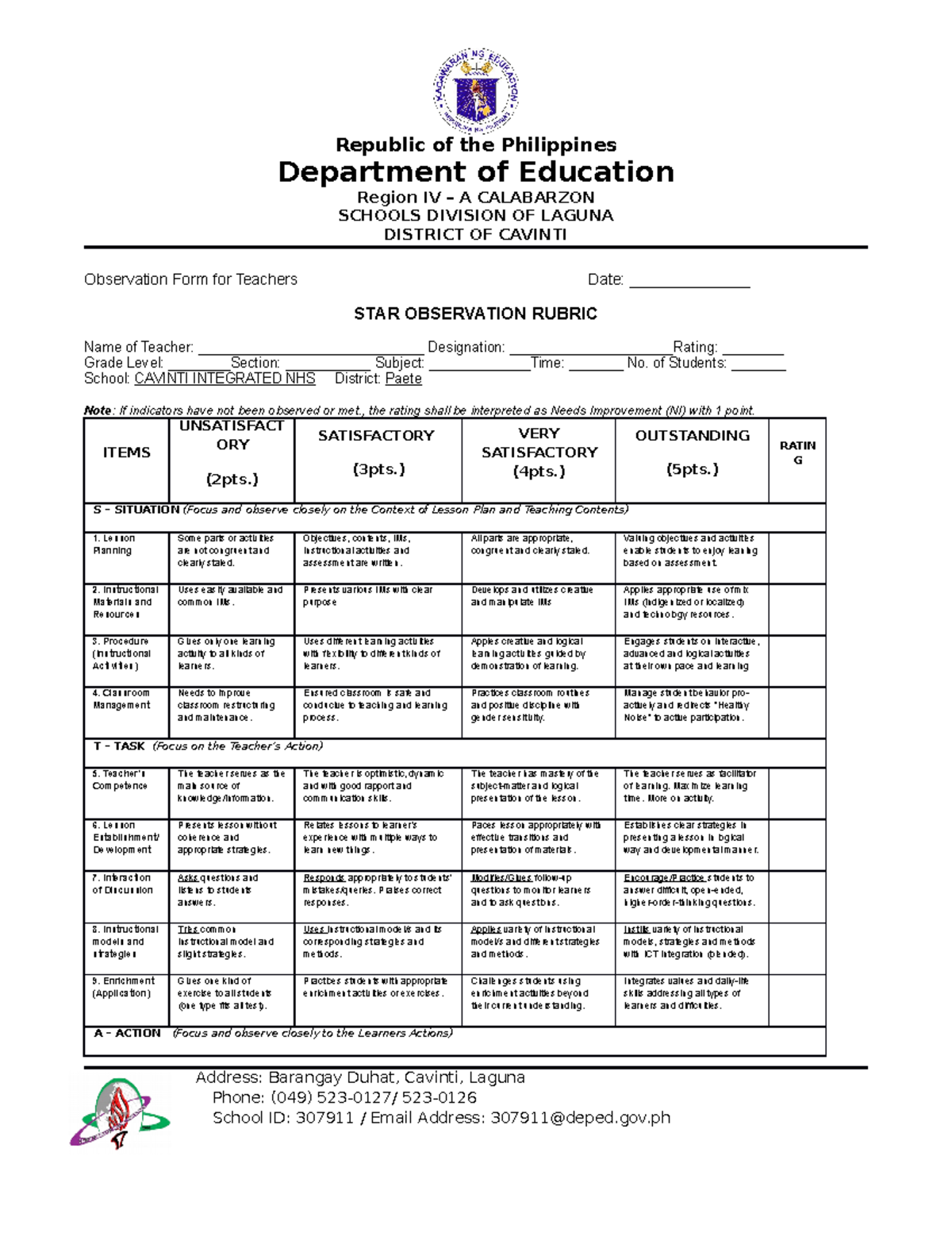 Teacher STAR Observation Form for Rating and Assessment - Studocu