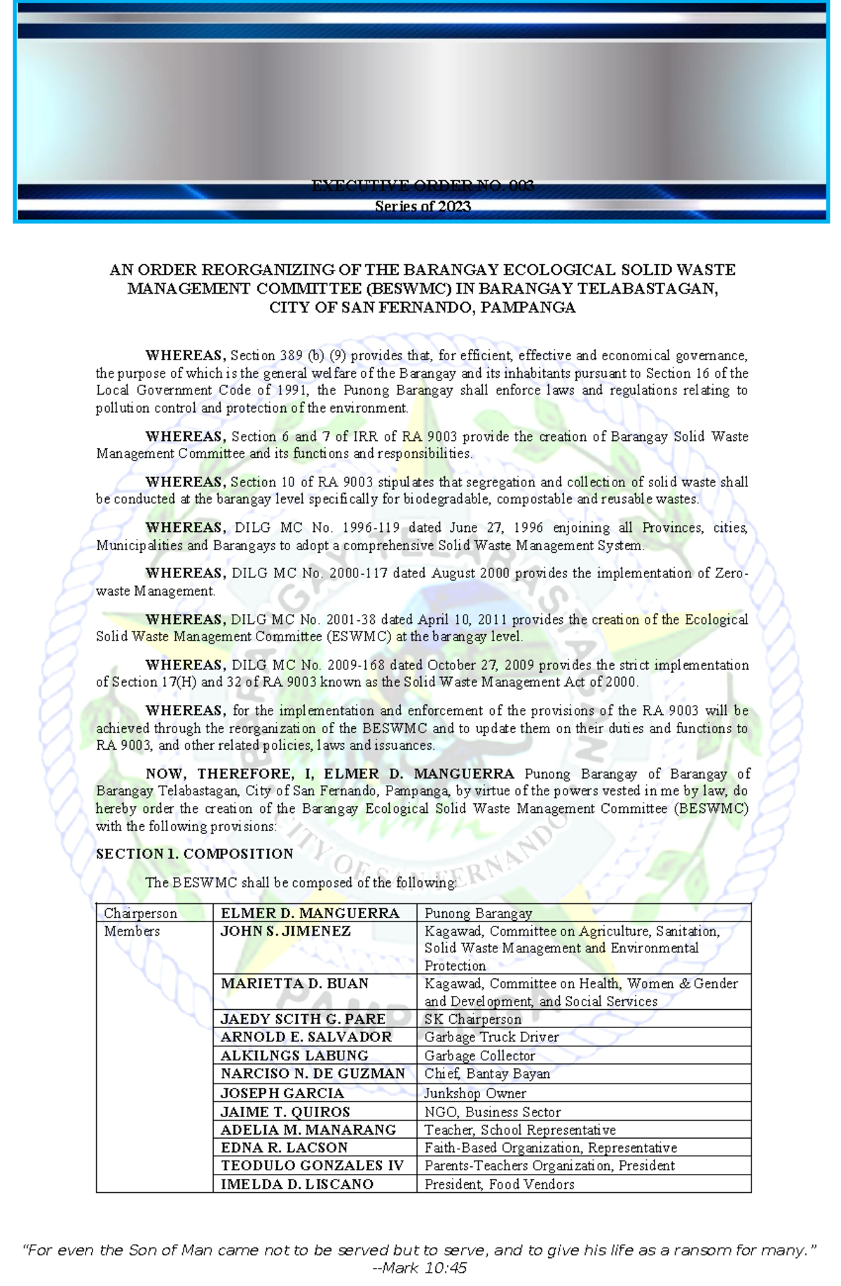Executive Order 003: Reorganization of Solid Waste Management in ...
