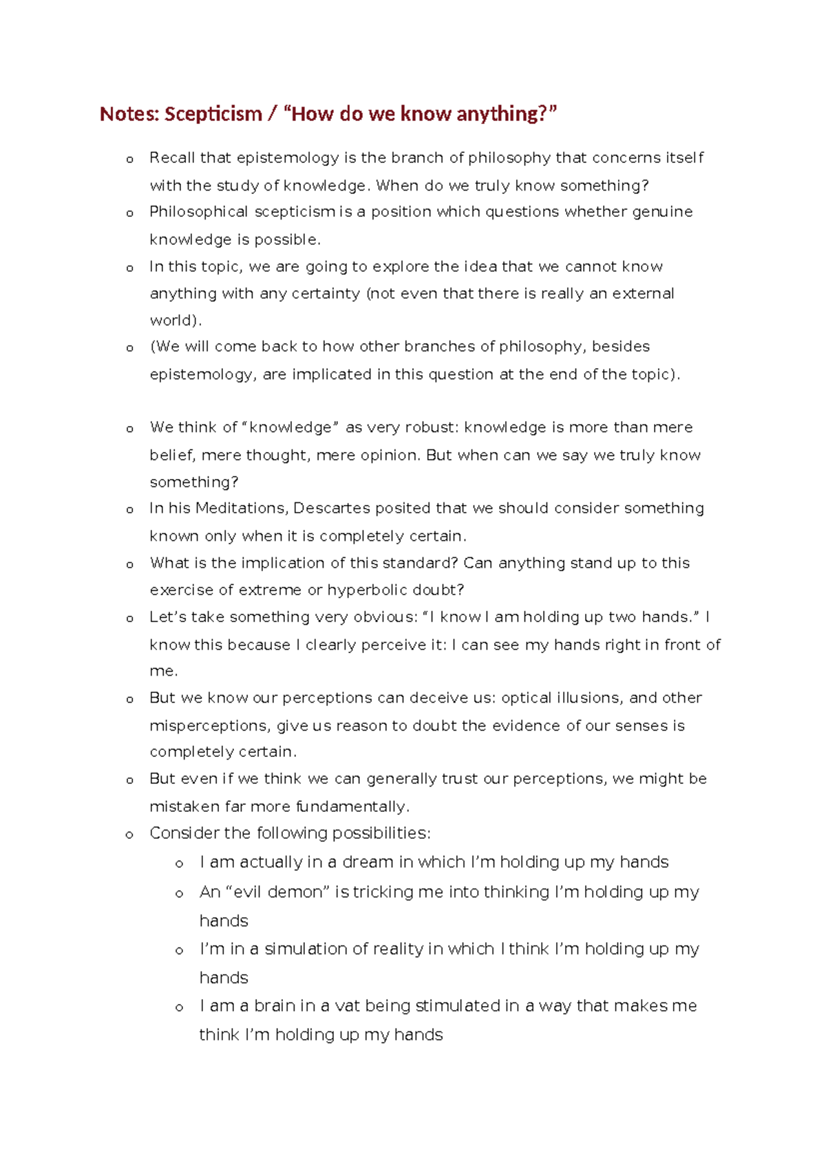 Notes: Scepticism in Epistemology - Do We Truly Know? - Studocu