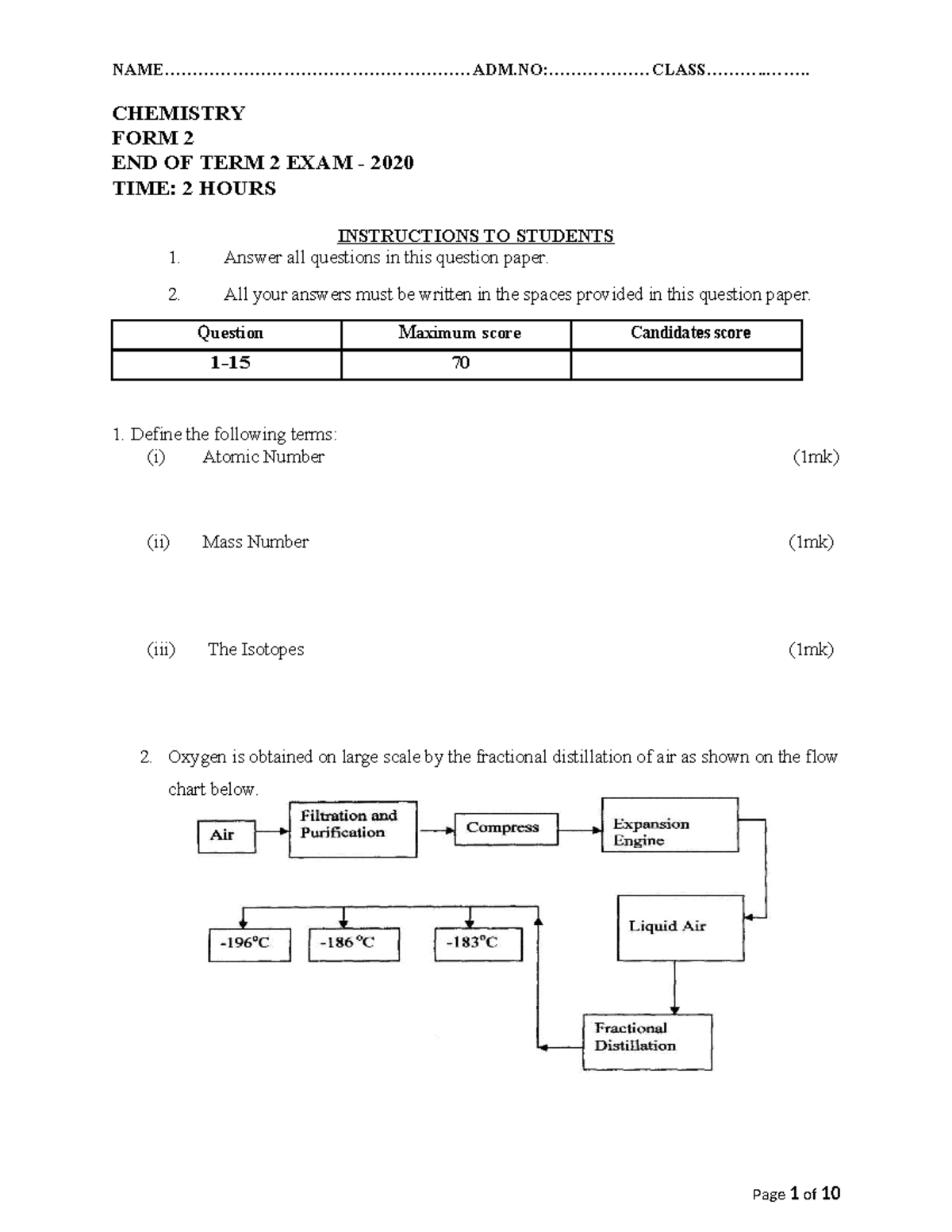 CHEMISTRY FORM 2 END OF TERM 2 EXAMINATION QUESTIONS 2020 - Studocu