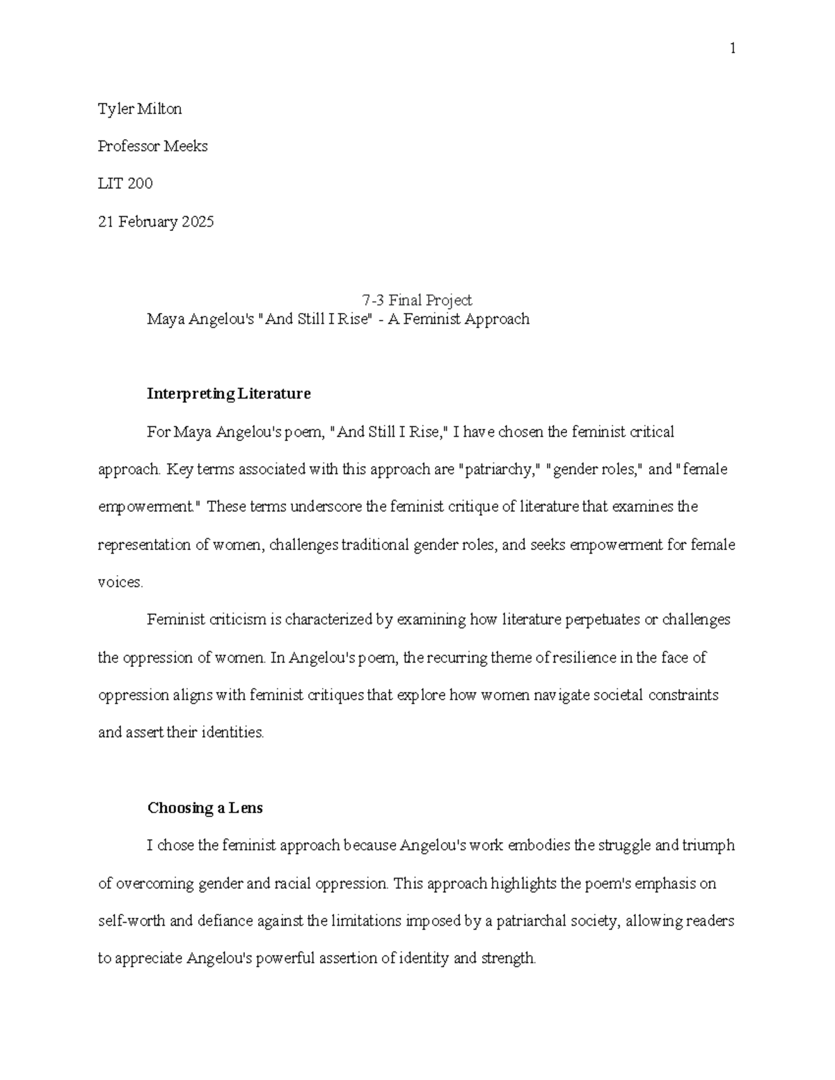 LIT 200 Final Project: Analyzing Feminism in Angelou's "And Still I ...
