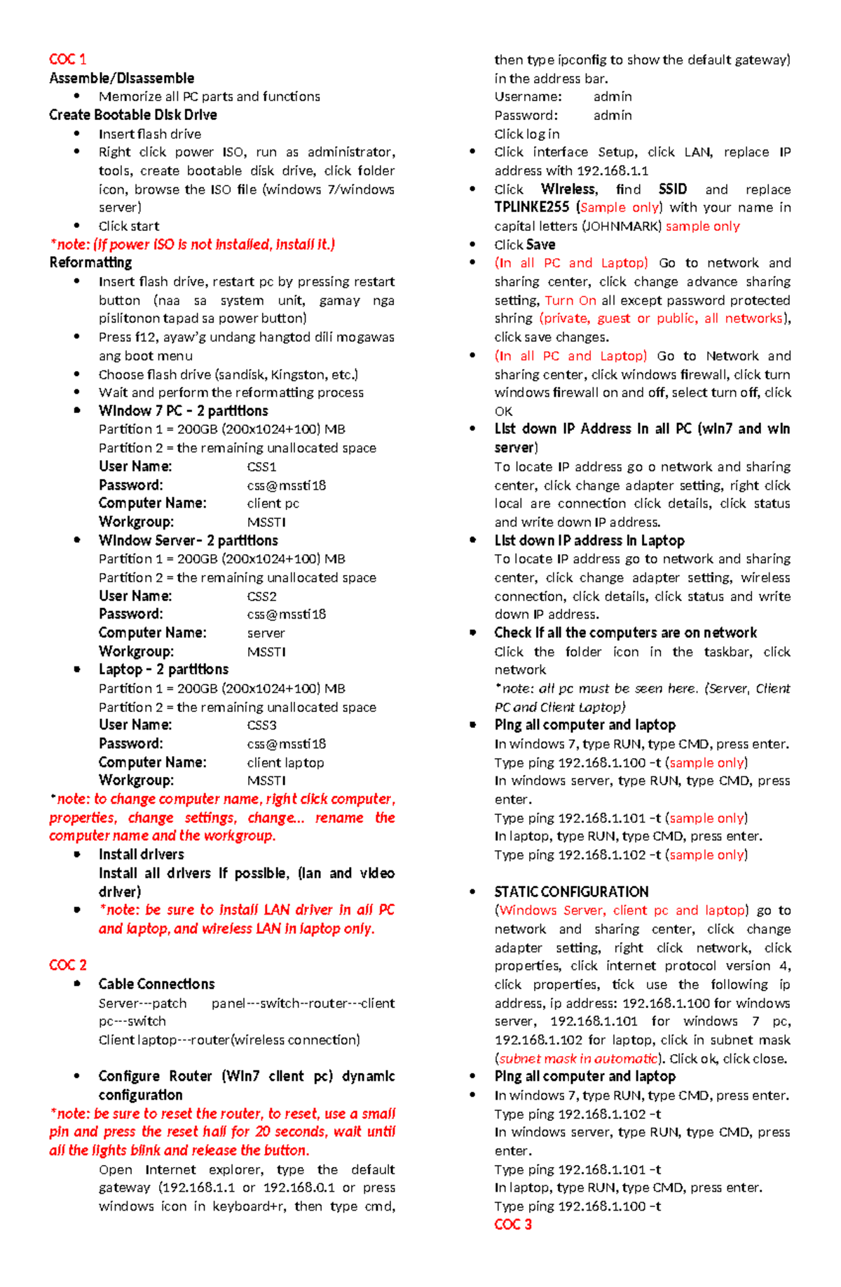 COC 1 - CSS NC2 Reviewer: PC Parts, Bootable Drives, and Networking Steps - Studocu