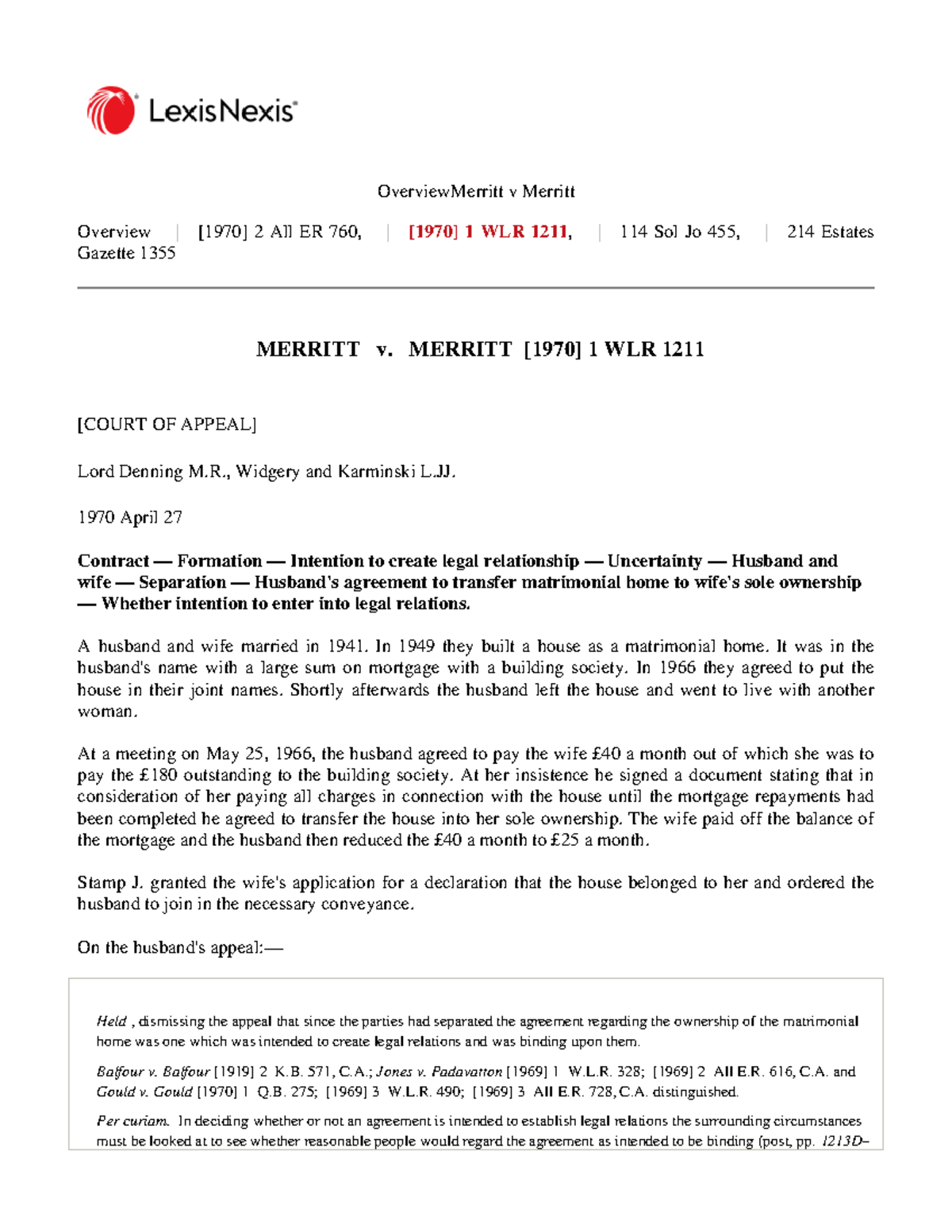 MERRITT v. MERRITT [1970] 1 WLR 1211: Legal Relations in Separation ...