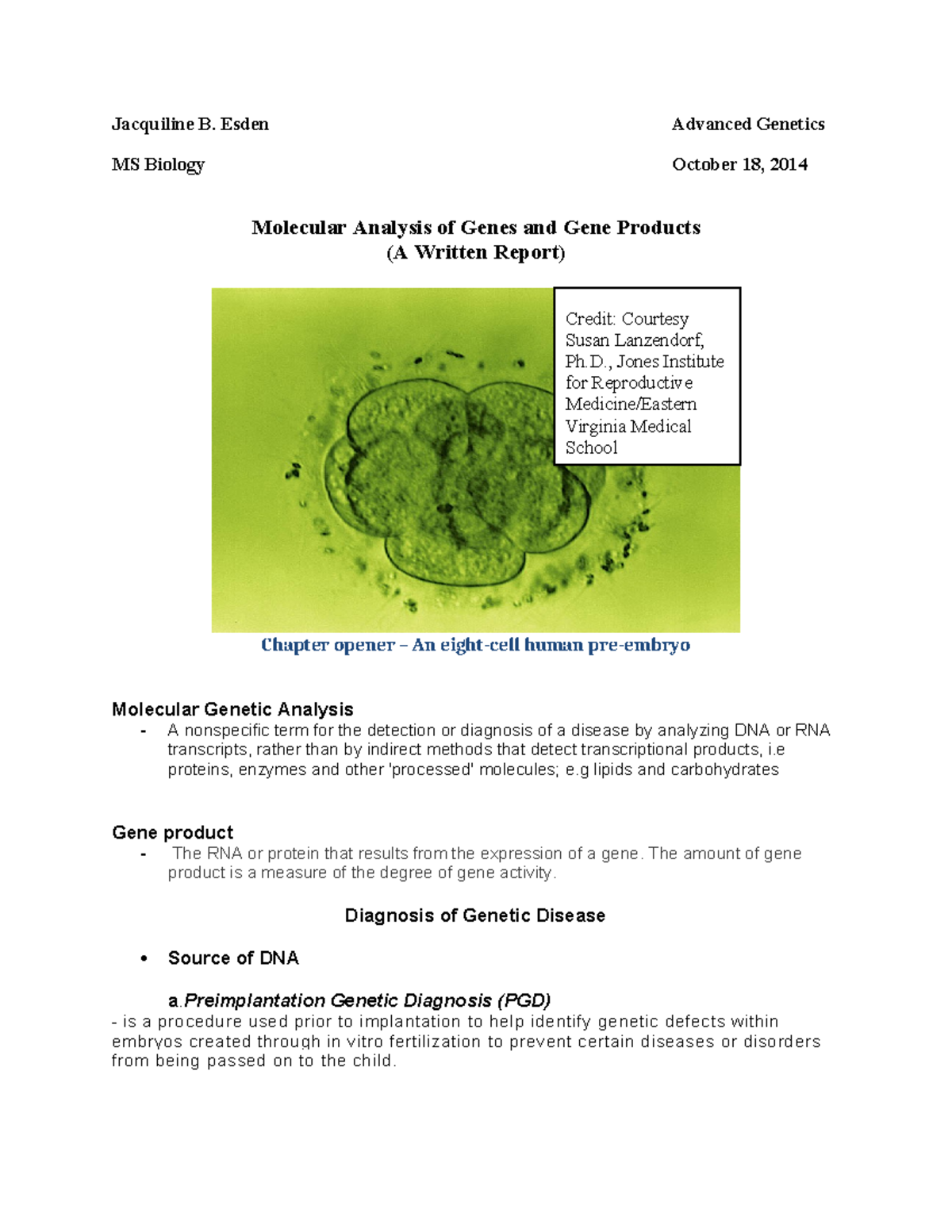 Advanced Genetics MS Biology Written Report: Molecular Analysis of ...