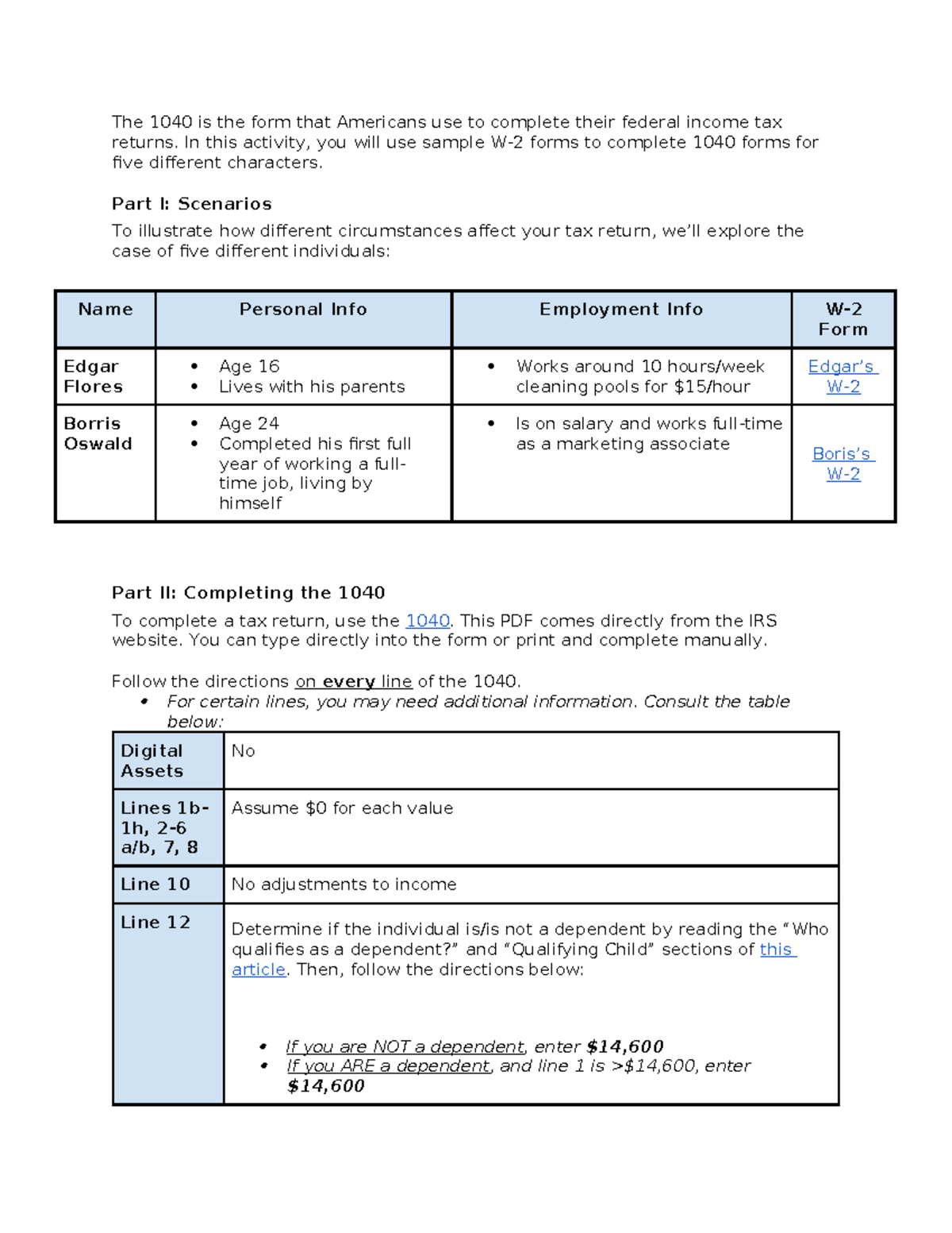 Completing a 1040 - Assignment for federal income tax returns - Studocu
