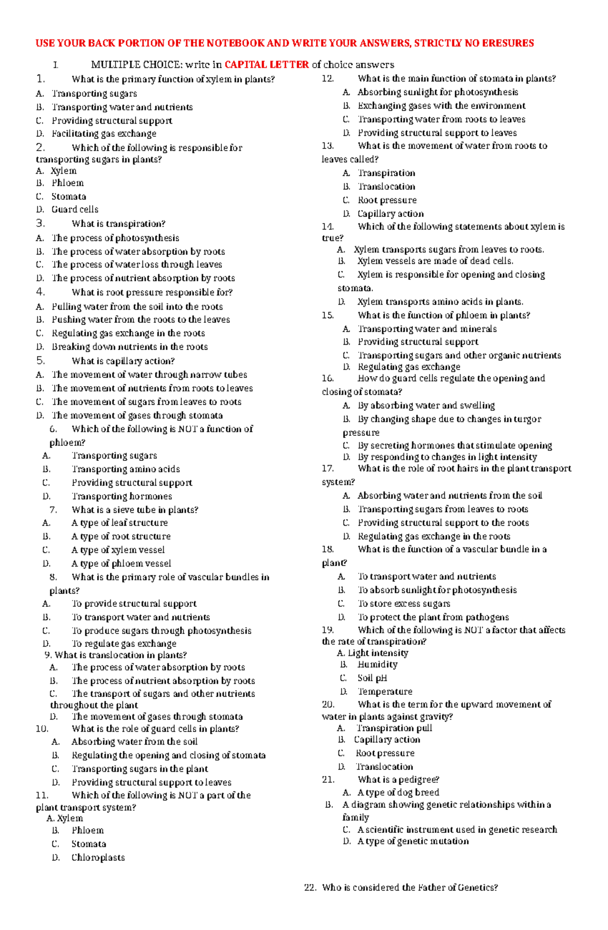 TEST IN Science 8 - Plant Transport System and Genetics Quiz - Studocu