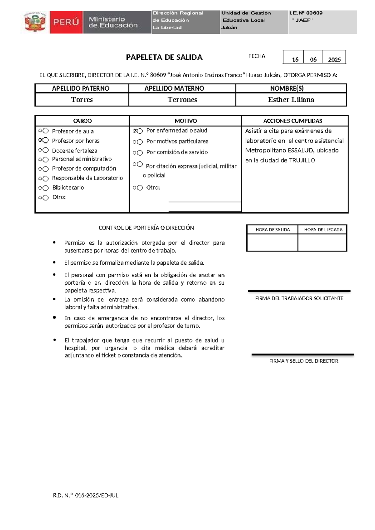 Papeleta de Salida para Permisos de Docentes y Alumnos I.E. Nº 80609 ...