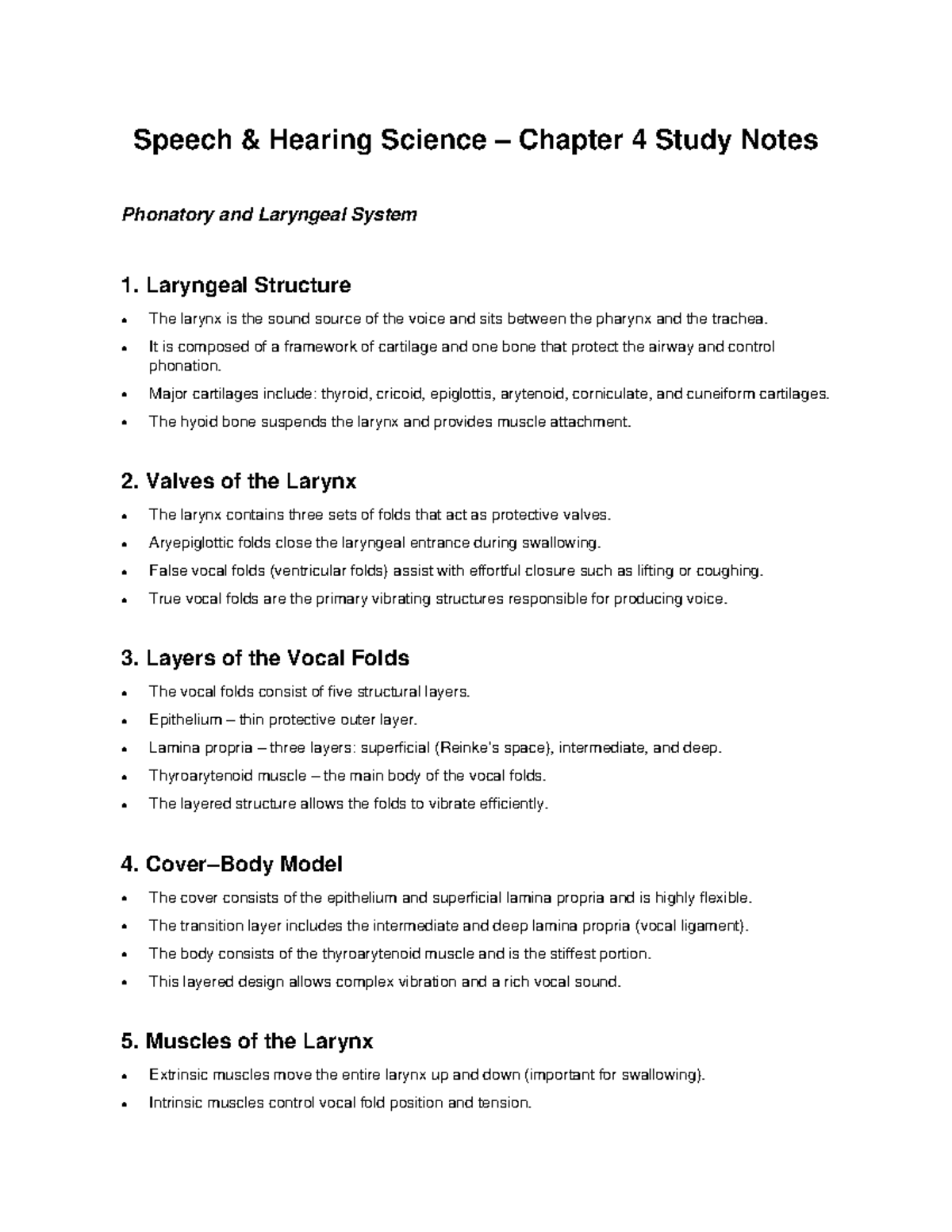 SHS Chapter 4 Study Notes: Laryngeal & Phonatory System Insights - Studocu