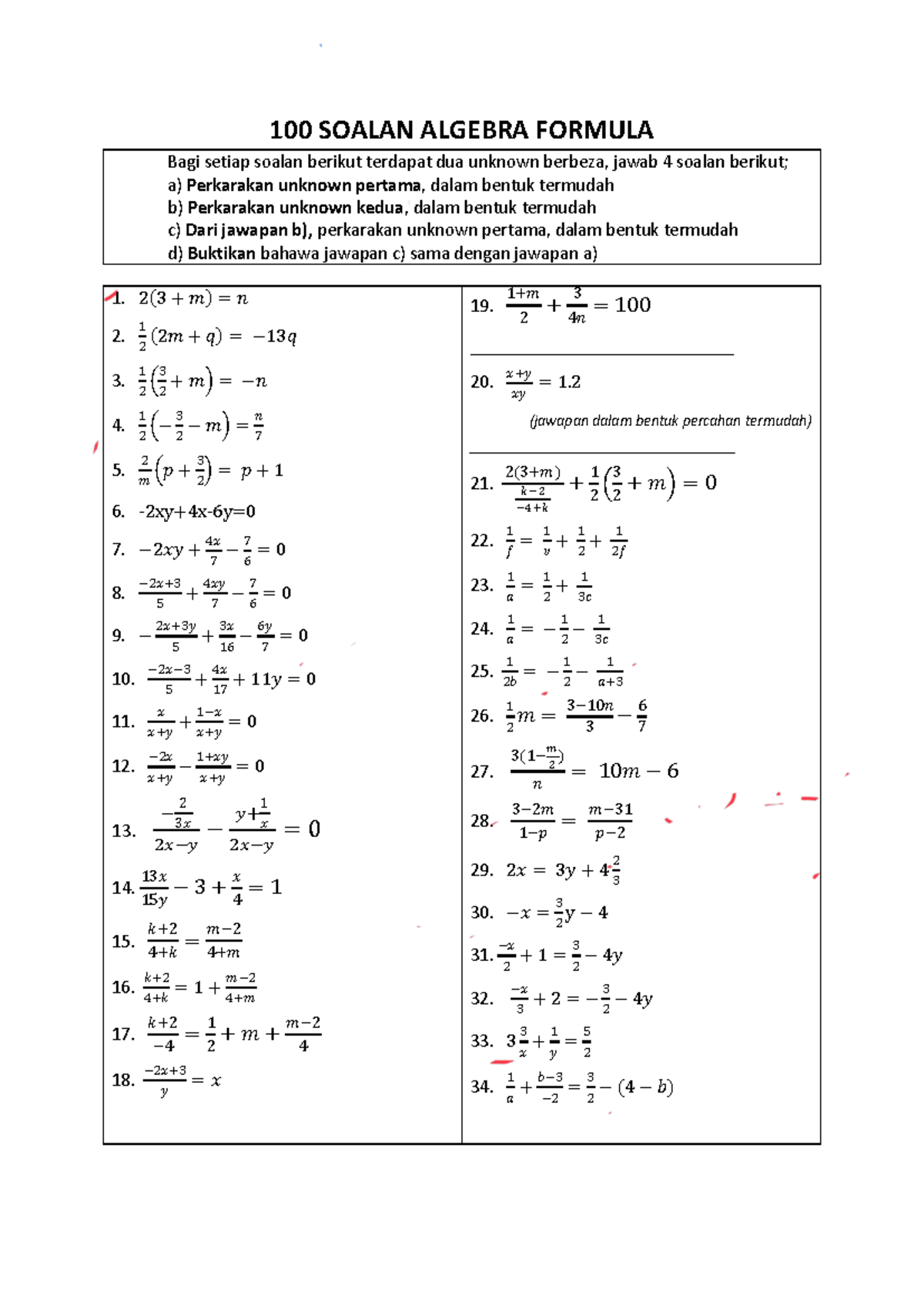 100 Soalan Algebra - Penjelasan dan Jawapan Lengkap Soalan - Studocu