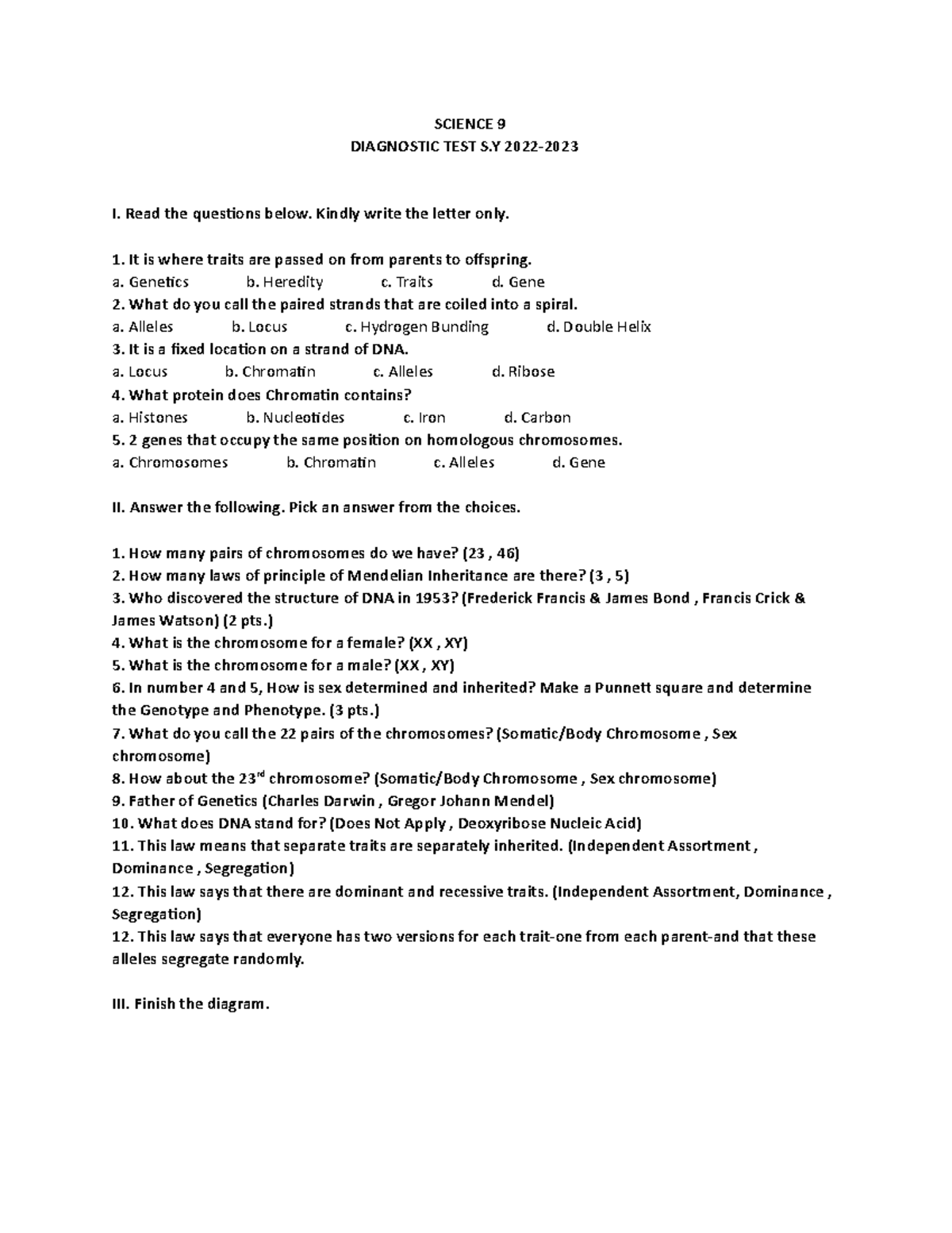 Science 9 - Diagnostic Test Summary for S.Y 2022-2023 - Studocu