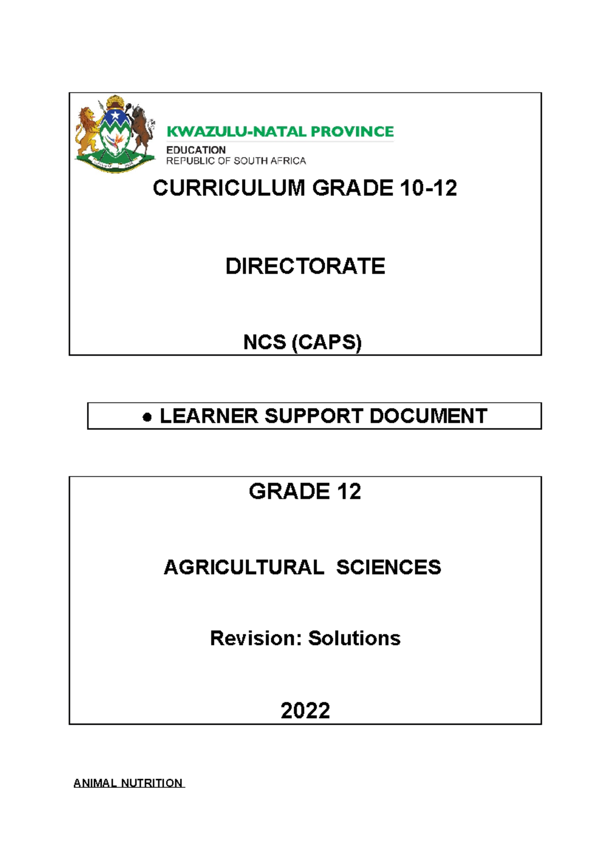 Agricultural Sciences Grade 12 2022 Revision Solutions: Animal ...