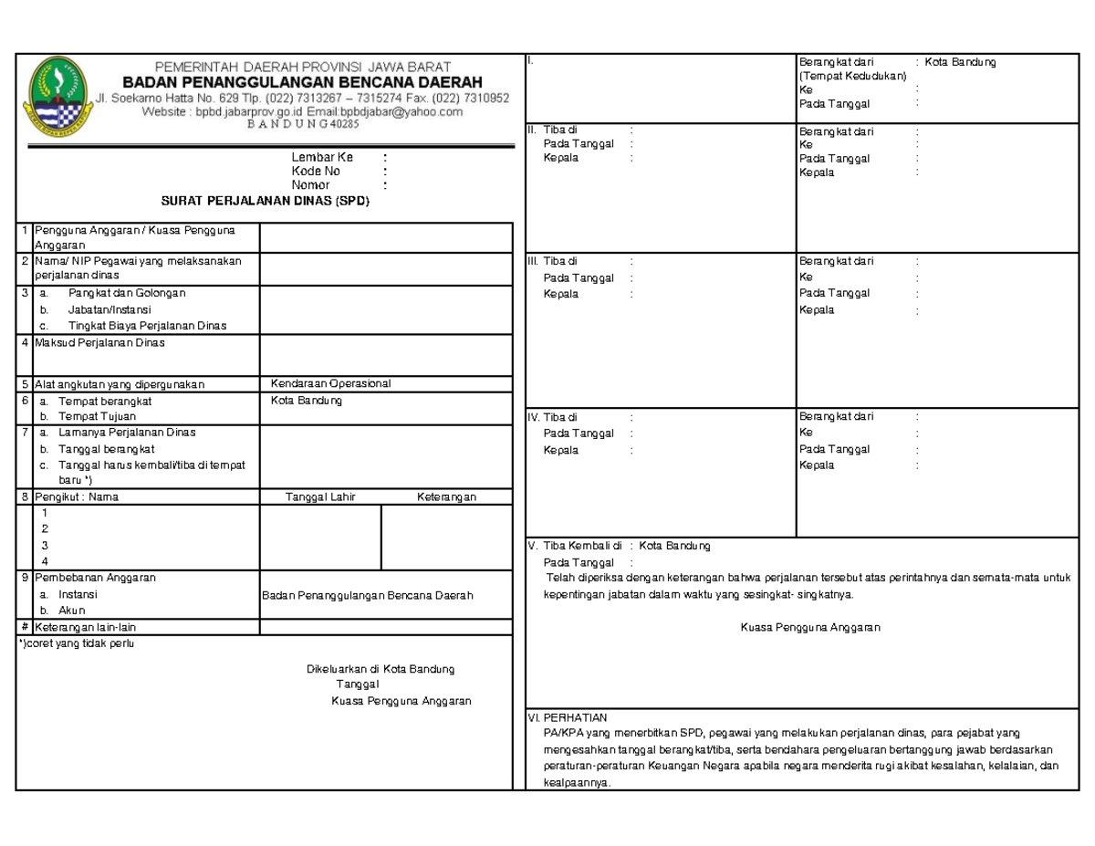 Visum Kosong 2023 BPBD Prov Jabar - I. Berangkat dari : Kota Bandung ...