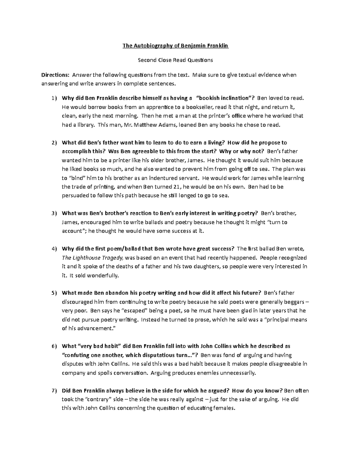 The Autobiography of Benjamin Franklin questions and answer key - The ...