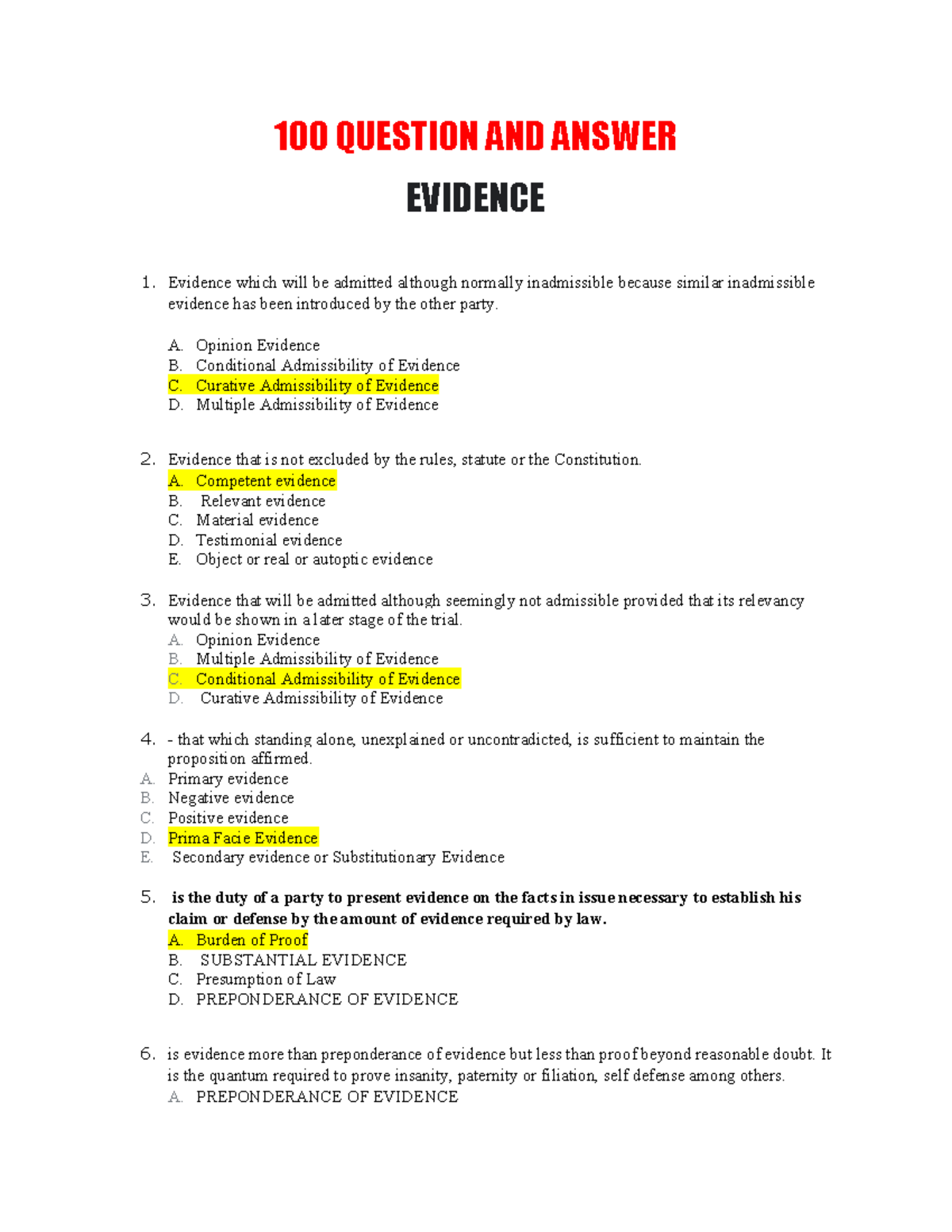 Evidence Lecture: 100 Q&A on Admissibility and Types of Evidence - Studocu