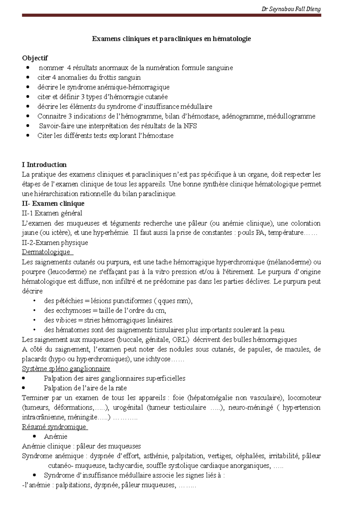 Examen Clinique et Paraclinique en Hématologie 2017 - Notes de Cours ...