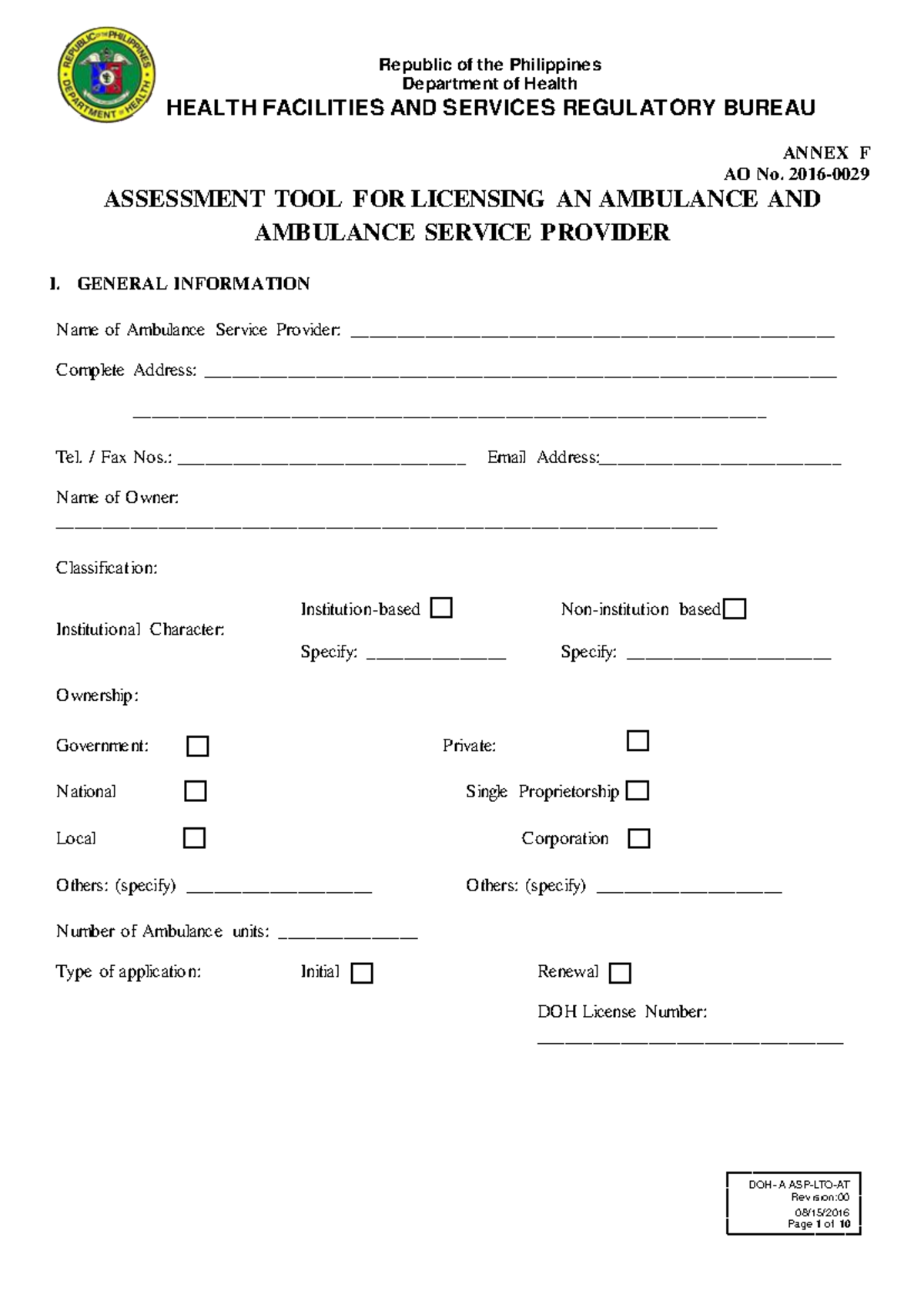 DOH-A ASP-LTO-AT Assessment Tool for Ambulance Service Provider - Studocu