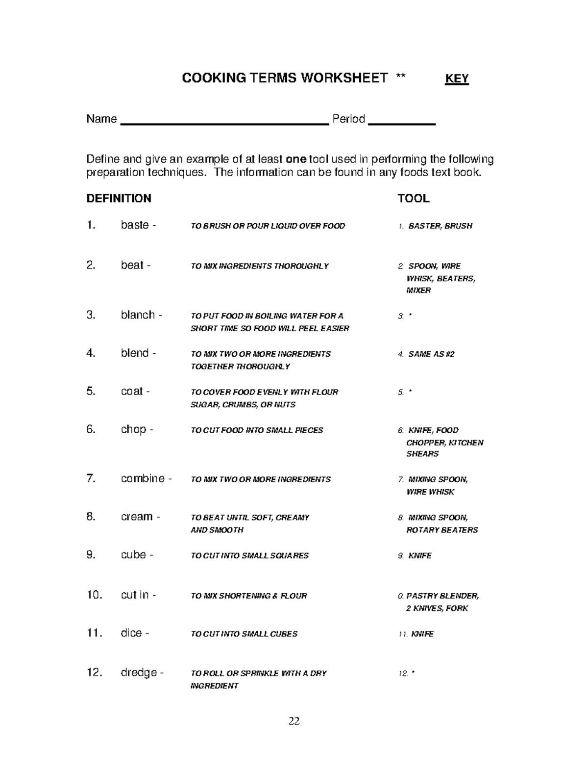 Cooking terms key - ha ha ha - 22 COOKING TERMS WORKSHEET ** KEY Name ...
