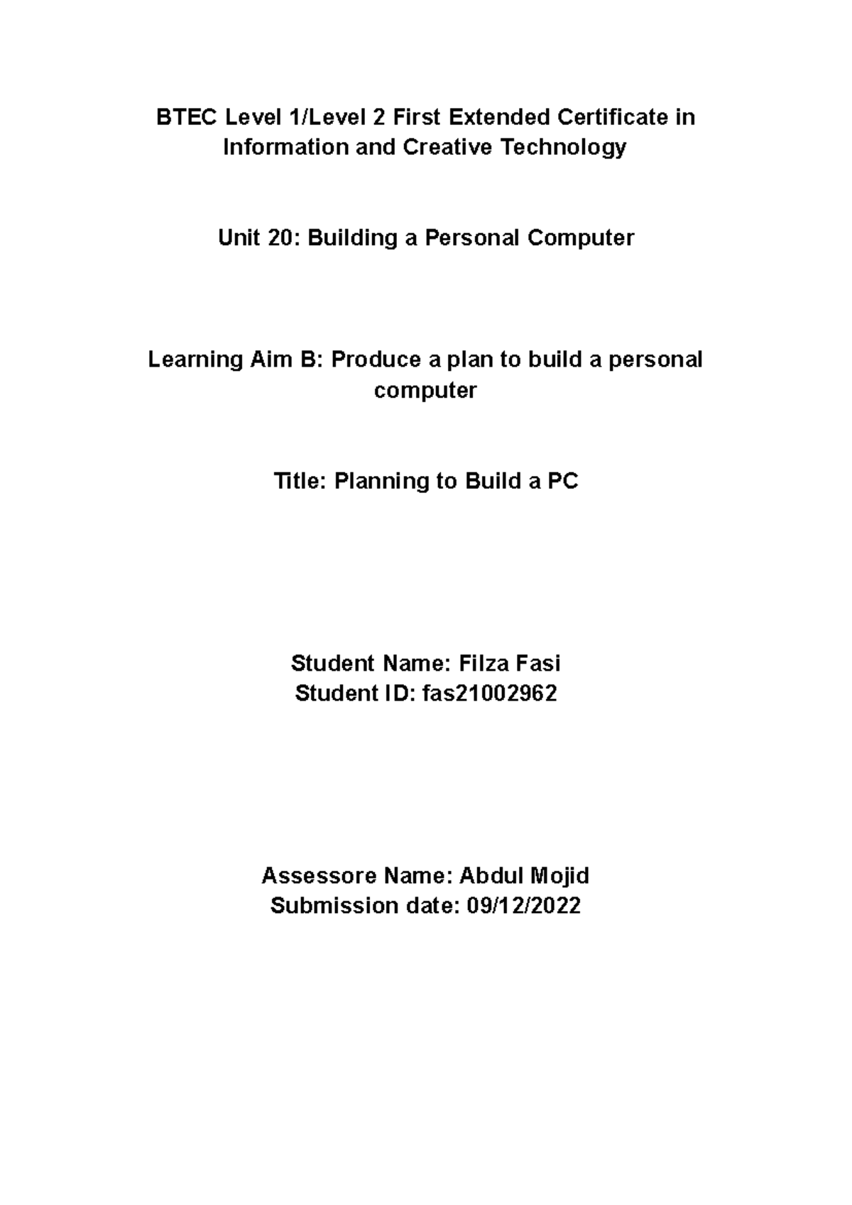 BTEC IT Unit 20: Planning to Build a Personal Computer - Studocu